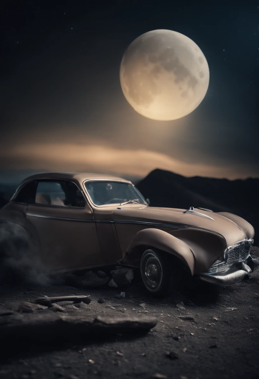 An old car is parked in the dirt with a full moon in the background ...