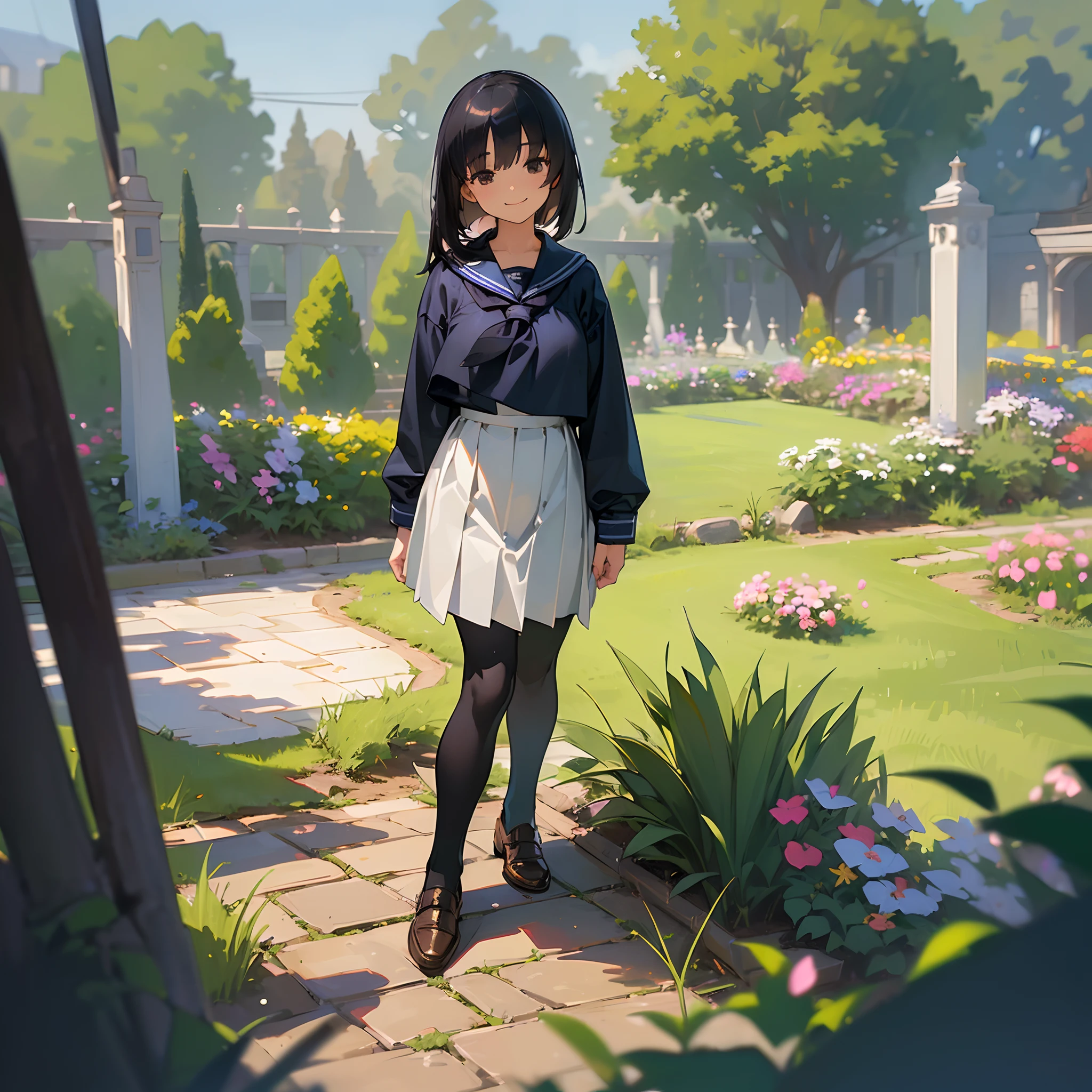 Anime girl in a garden with flowers and a cemetery - SeaArt AI