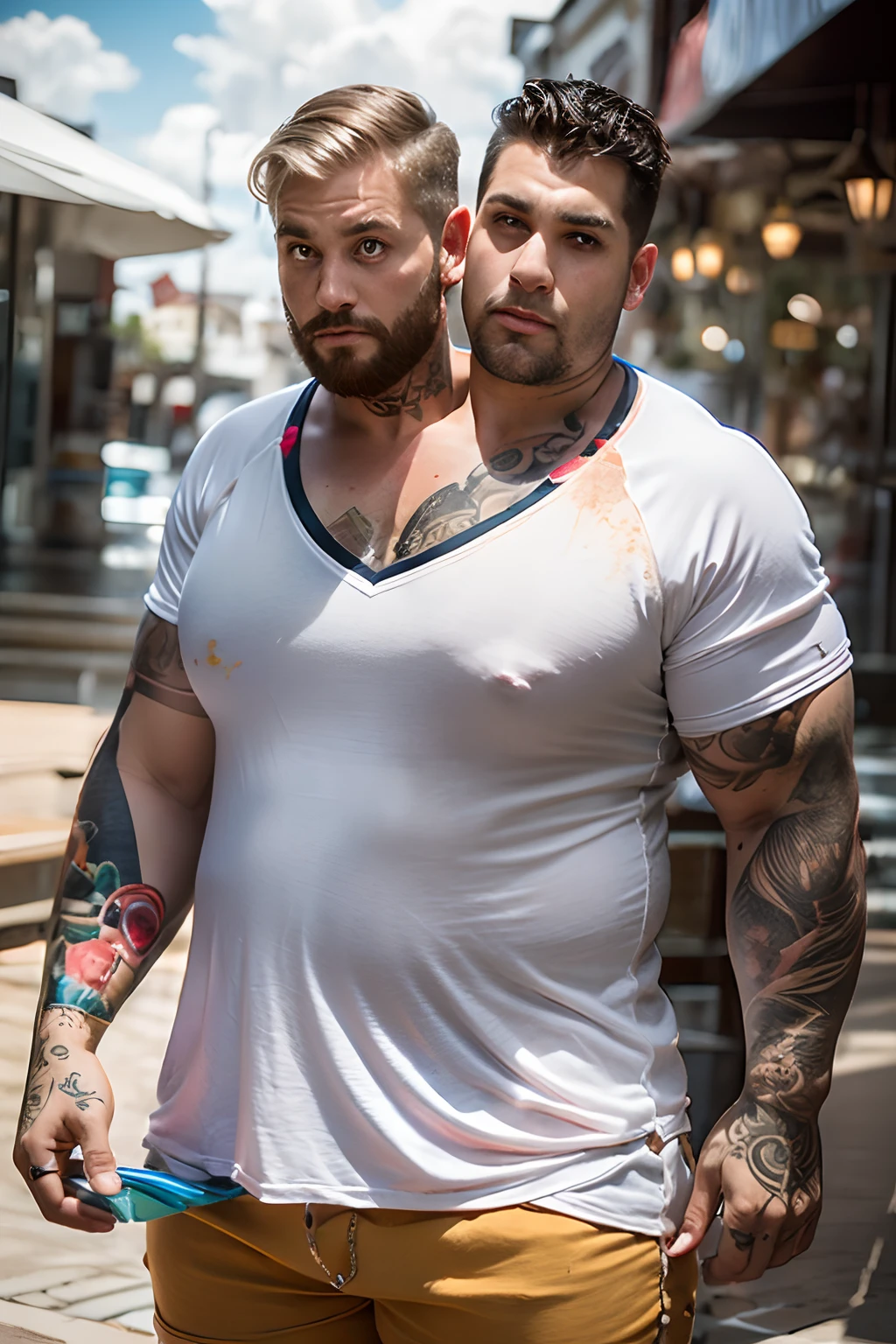 There are two men standing on the street with tattoos on their arms ...