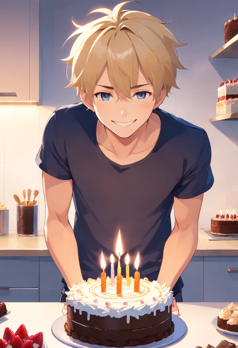 Anime boy with a birthday cake with candles in front of him - SeaArt AI