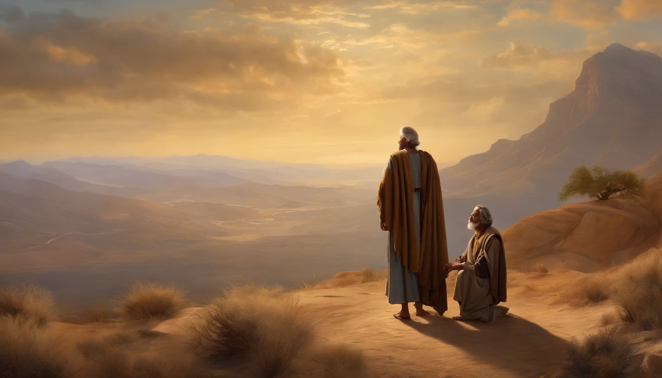 A painting of two men standing on a hill with a view of a valley ...