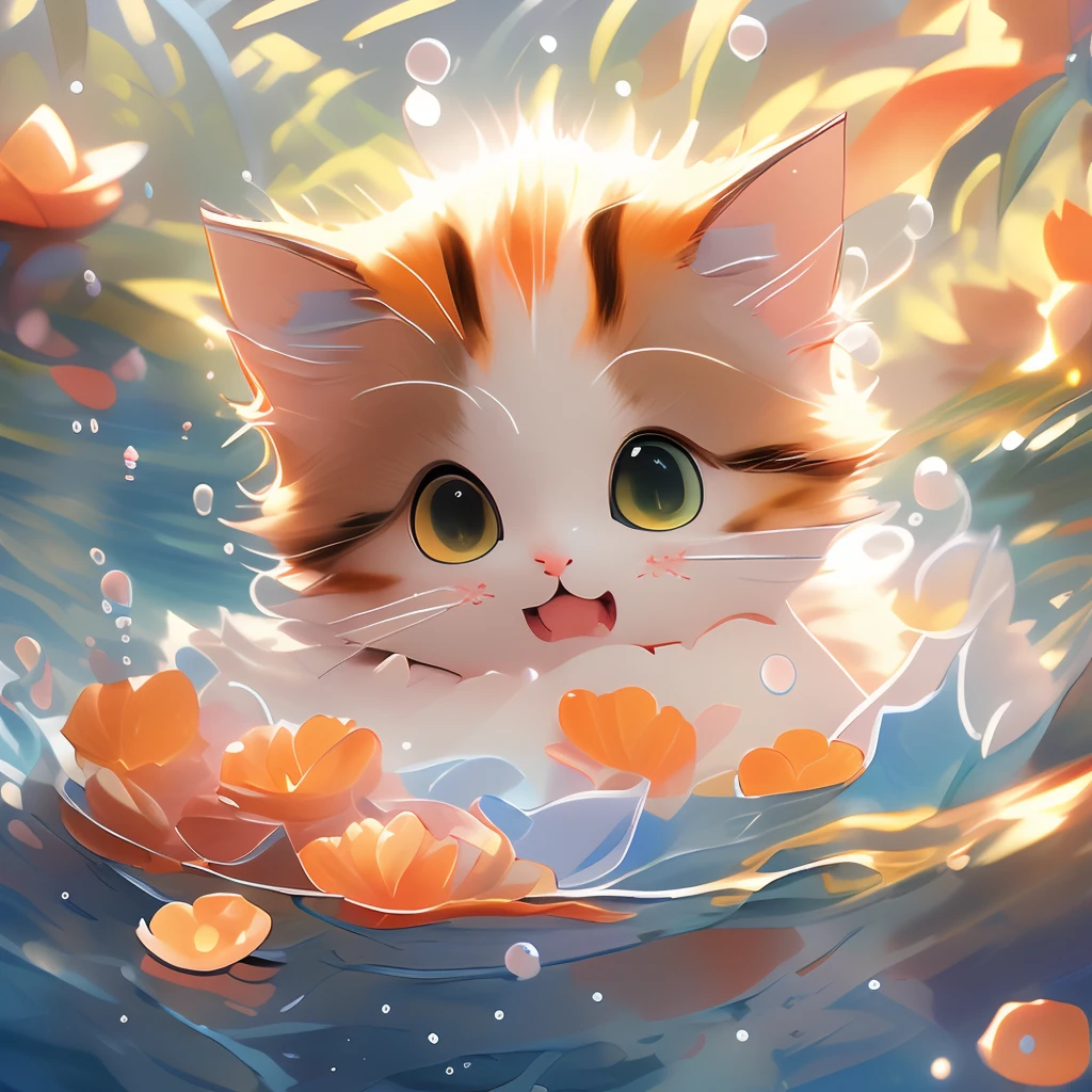 There is a cat that is floating in the water with flowers - SeaArt AI