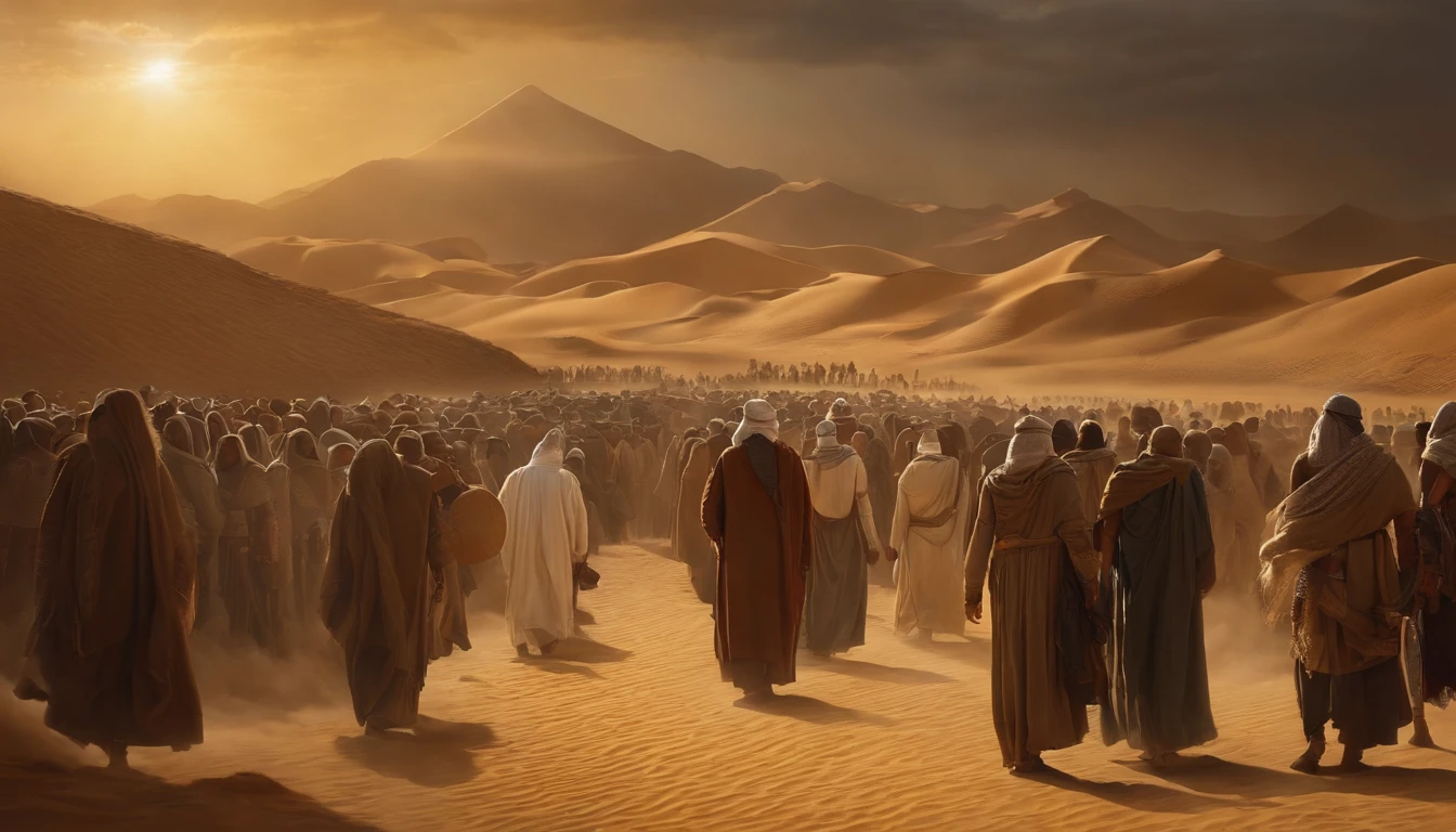 A group of people walking in the desert with mountains in the ...