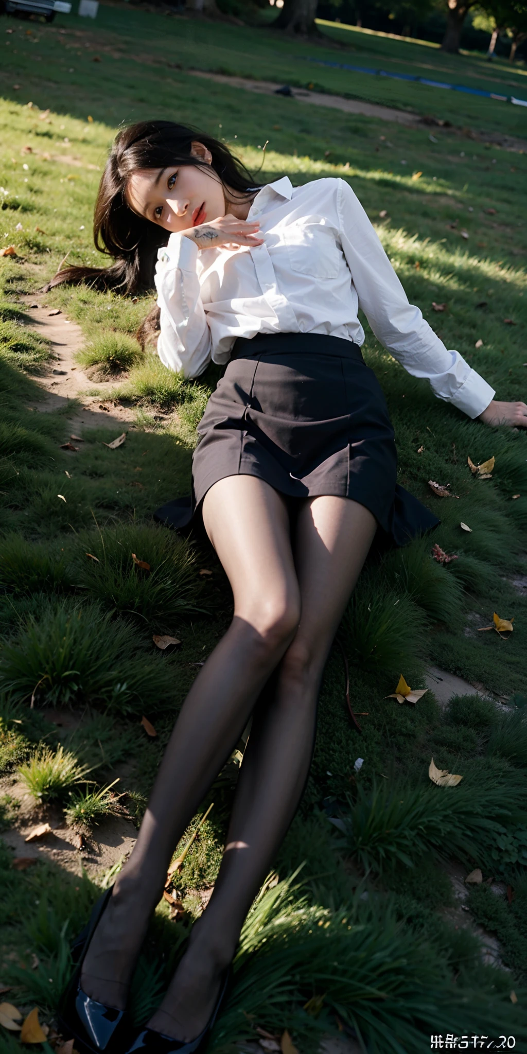 Arafed woman laying on the grass in a skirt and shirt - SeaArt AI