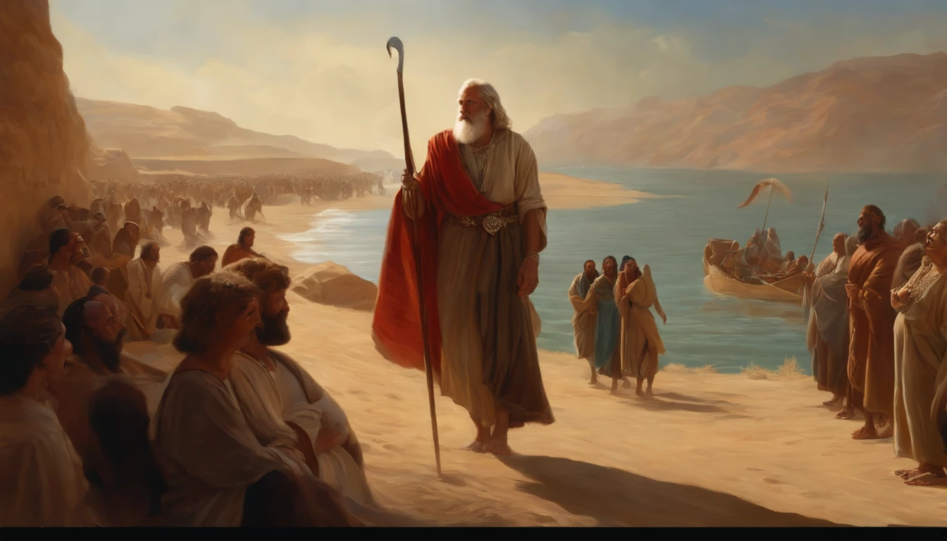 A painting of jesus walking on the beach with a staff - SeaArt AI