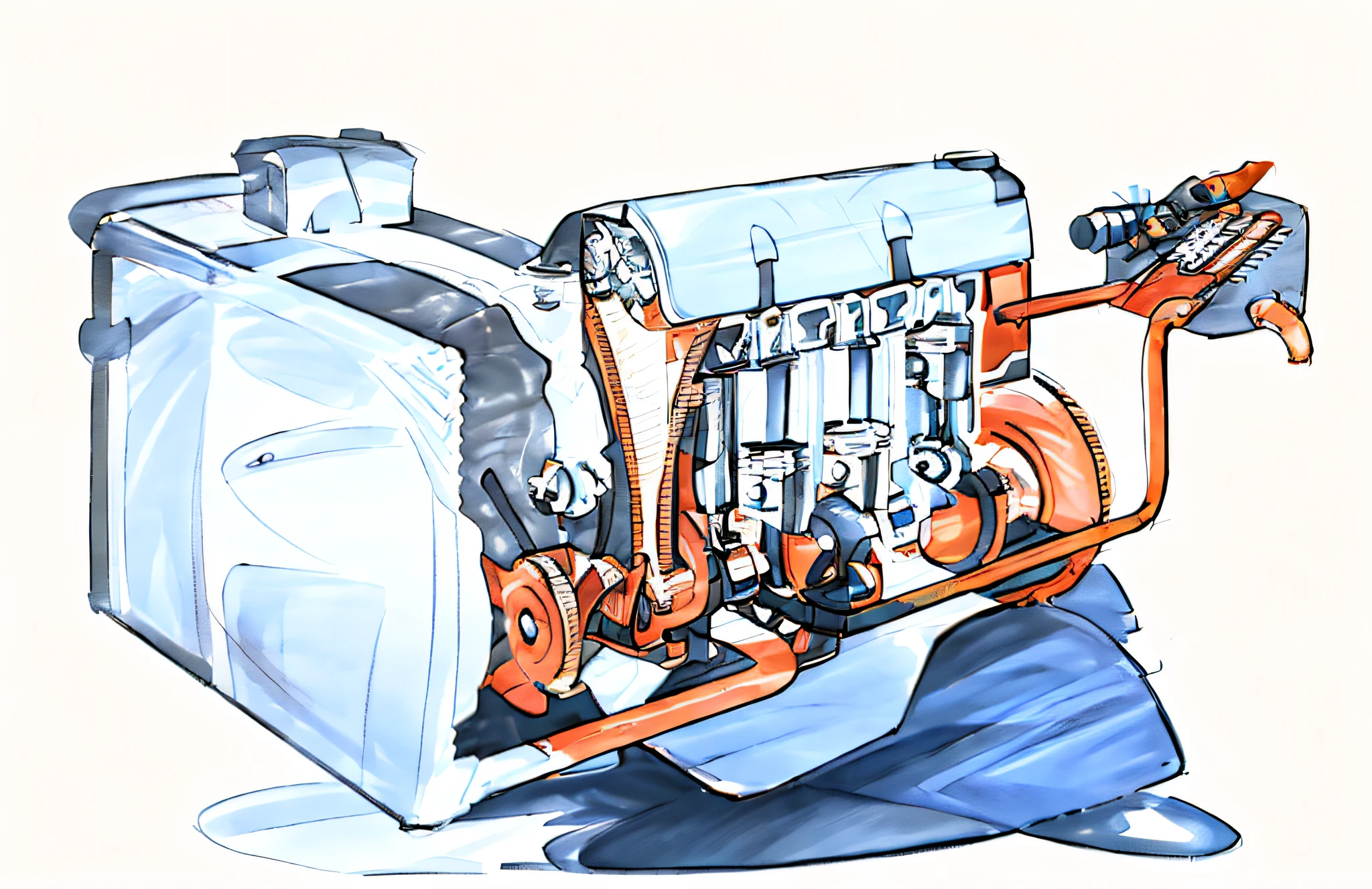 Drawing of a car engine with a hose and a hose - SeaArt AI
