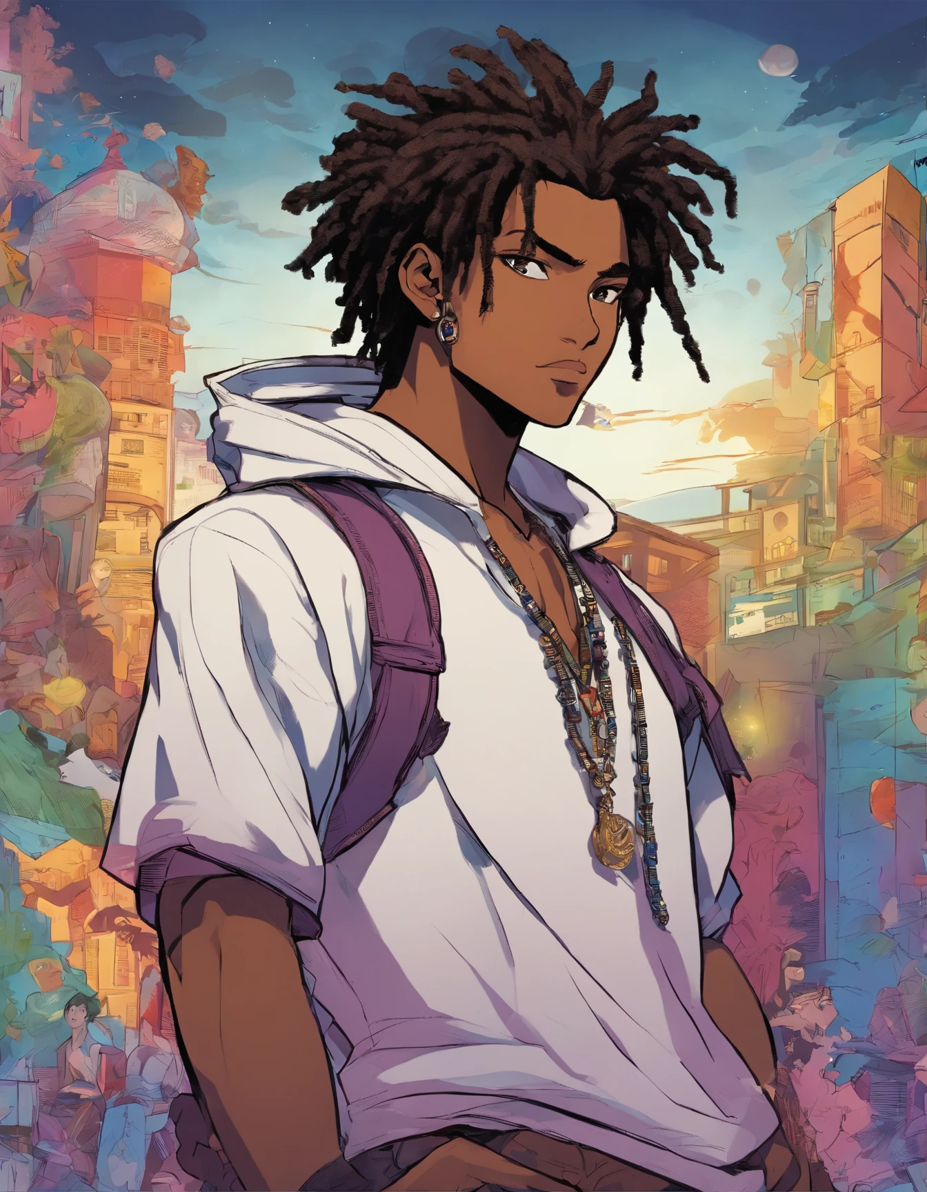 A man with dreadlocks standing in front of a city - SeaArt AI