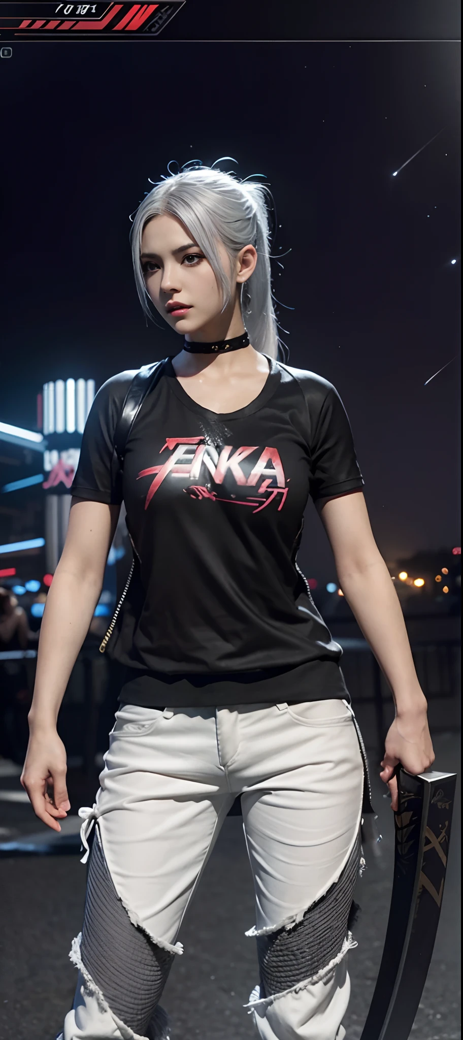 Arafed woman in black shirt holding a sword and standing on street ...