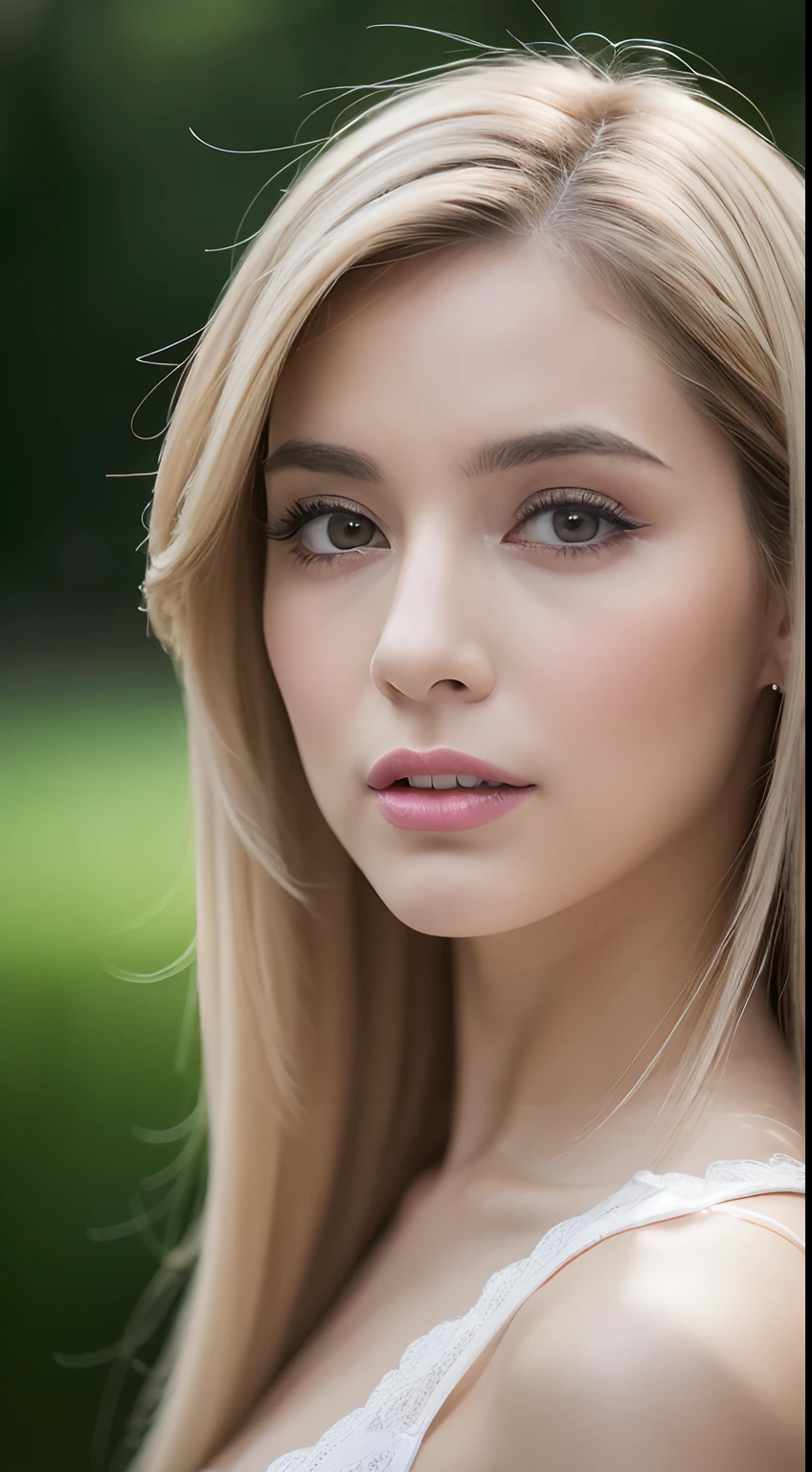 A close up of a woman with long blonde hair and a white dress - SeaArt AI