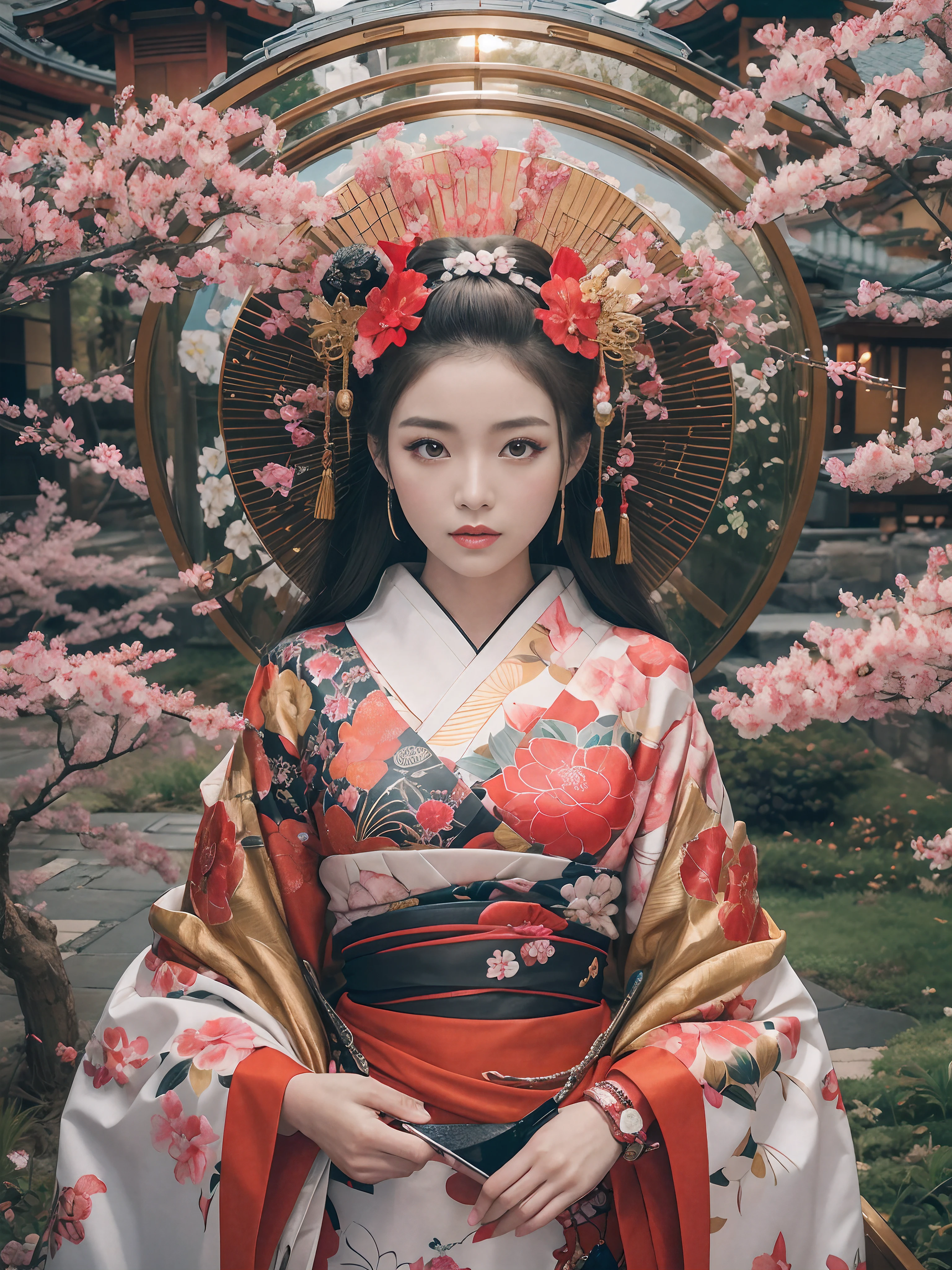 A woman in a kimono is standing in front of a tree - SeaArt AI