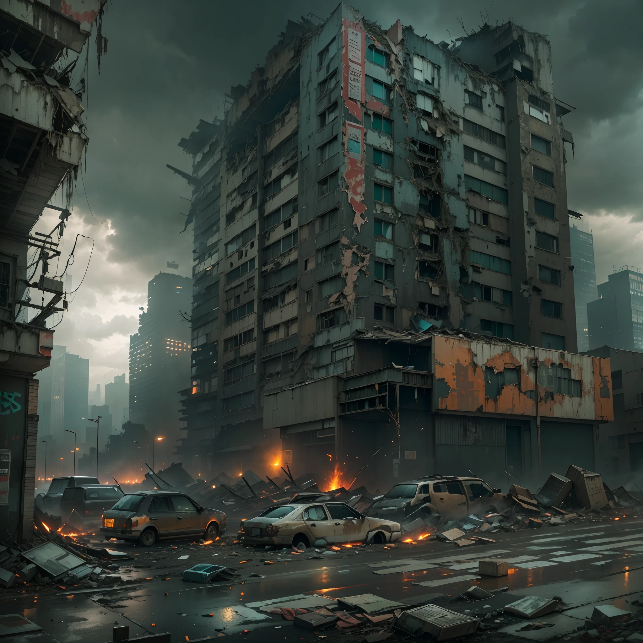 A city scene with a building and cars in the foreground - SeaArt AI