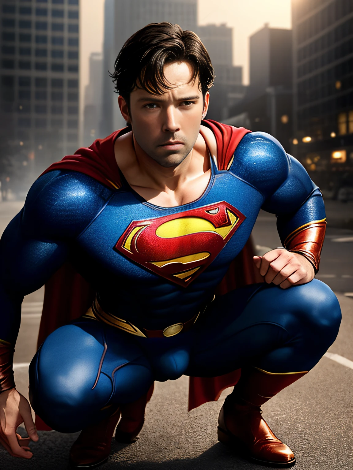 Superman in a suit crouching down in the middle of a city - SeaArt AI