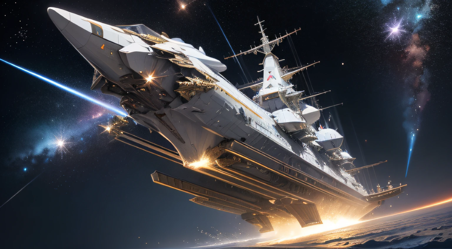 A close up of a ship flying through the air near a star filled sky ...
