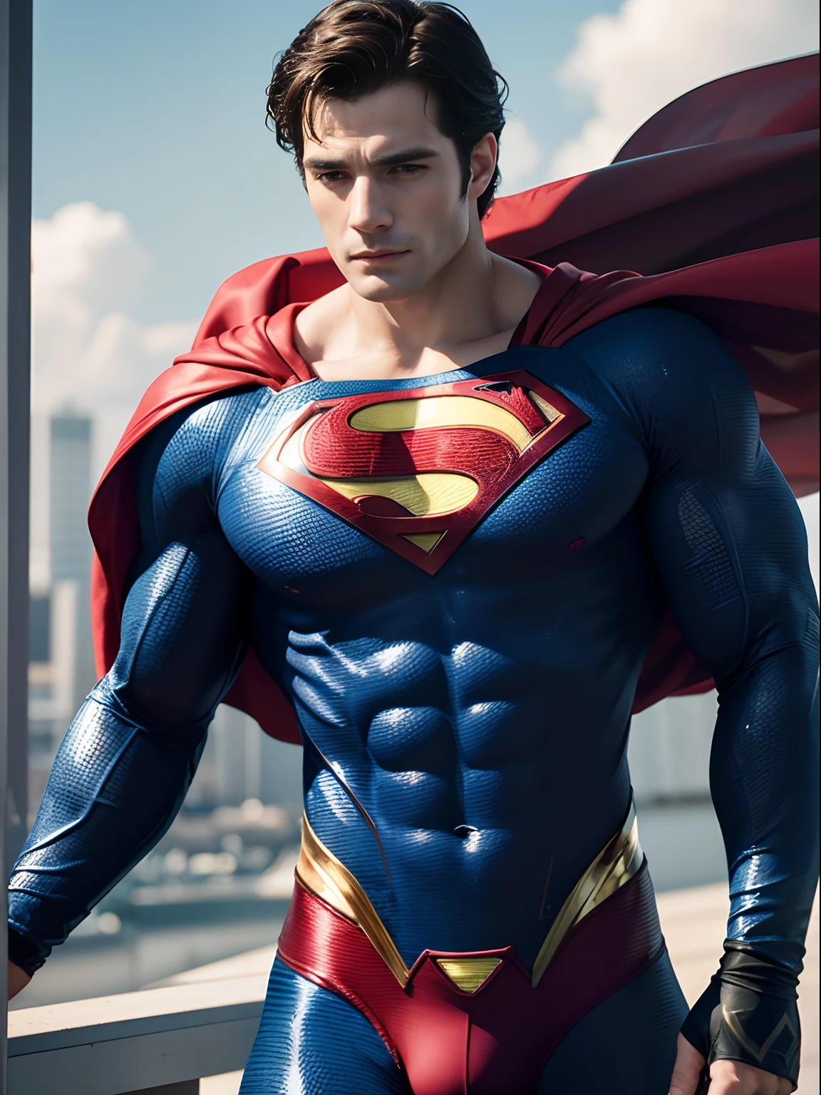 A man dressed as superman standing on a balcony with a city in the ...