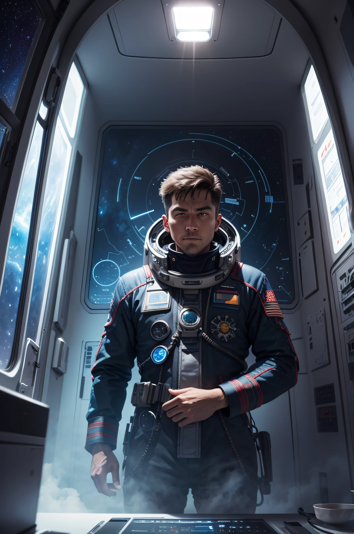 A man in a space suit standing in a space station - SeaArt AI