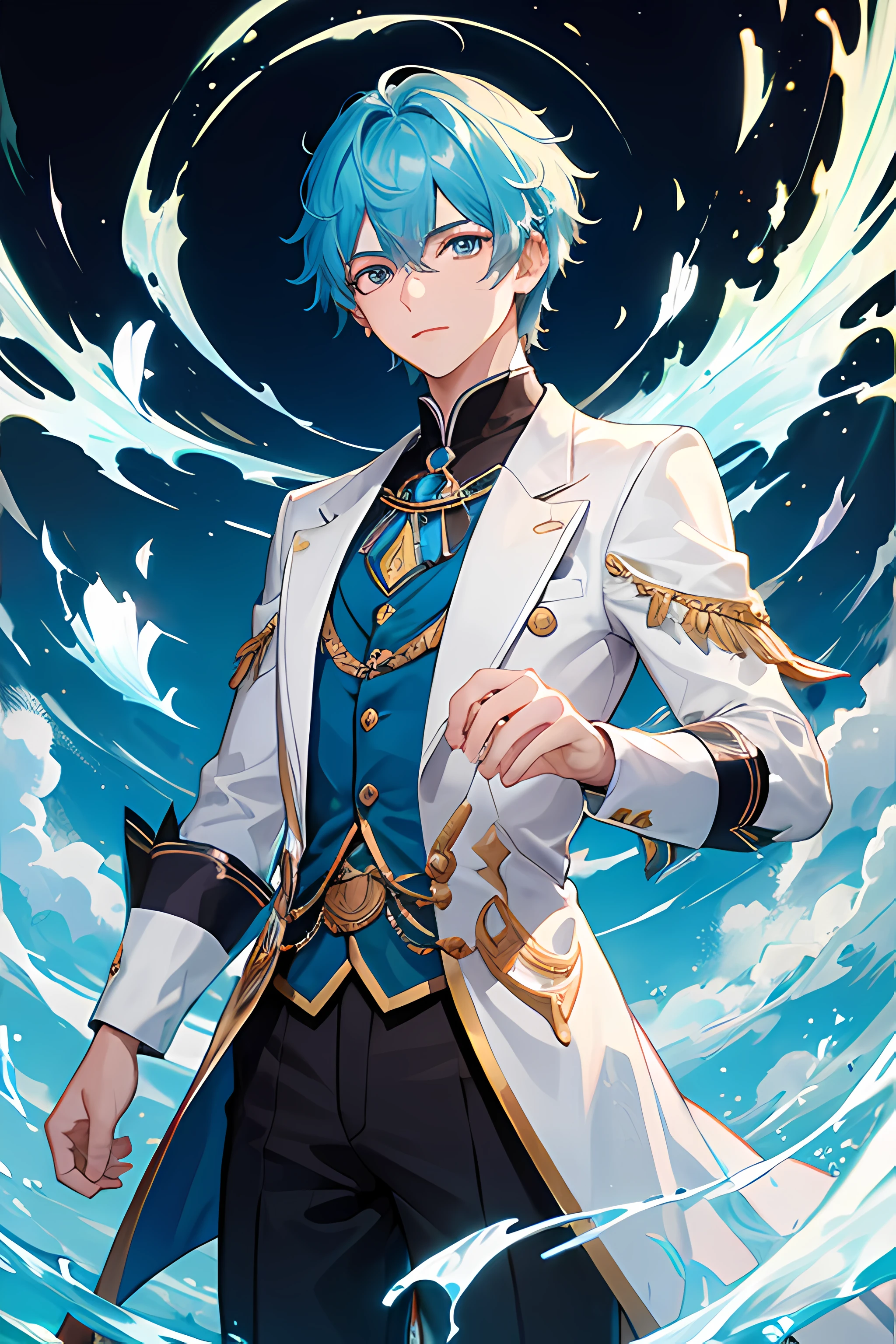A man in a white jacket and blue hair standing in front of a wave ...