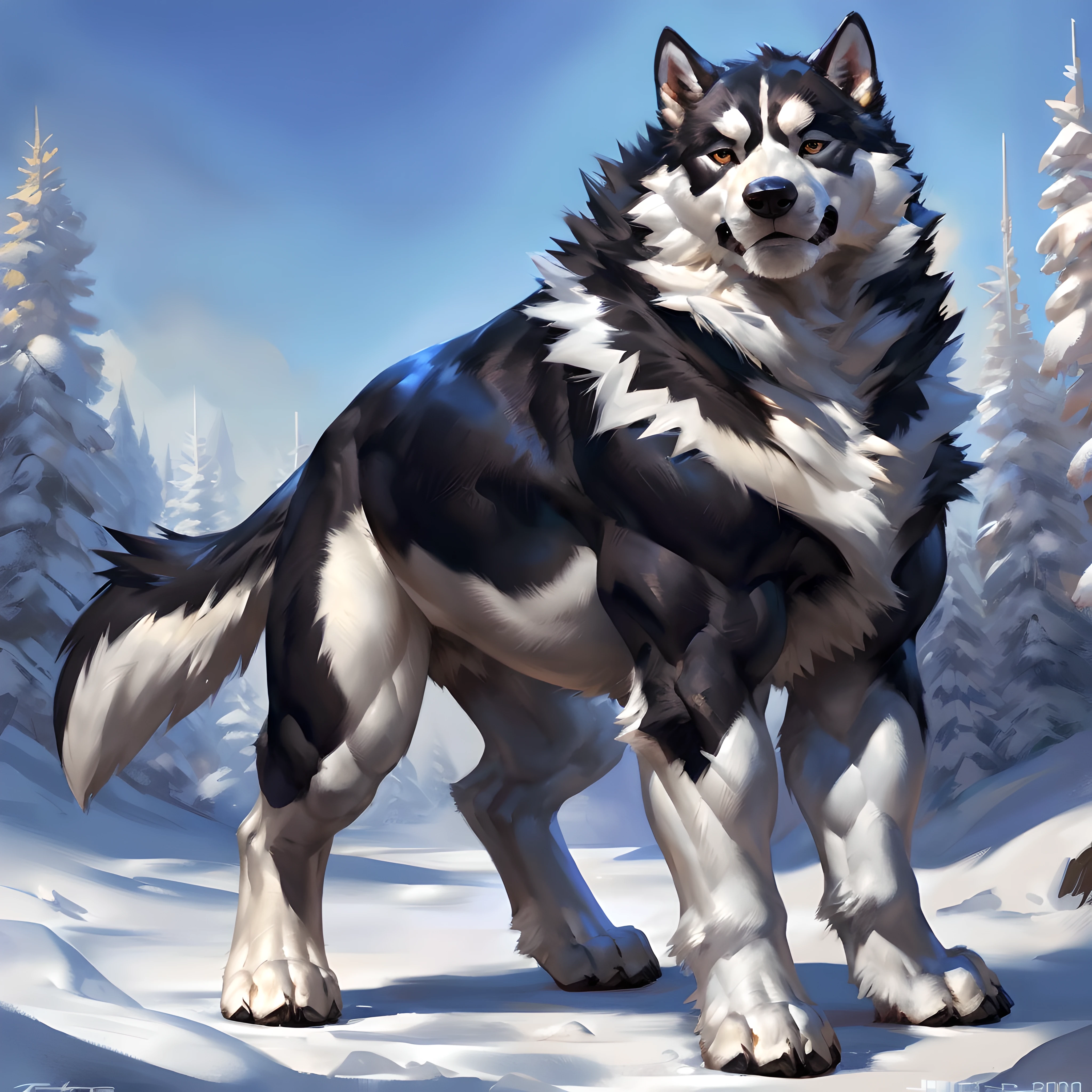 Painting of a husky dog standing in the snow with trees in the ...