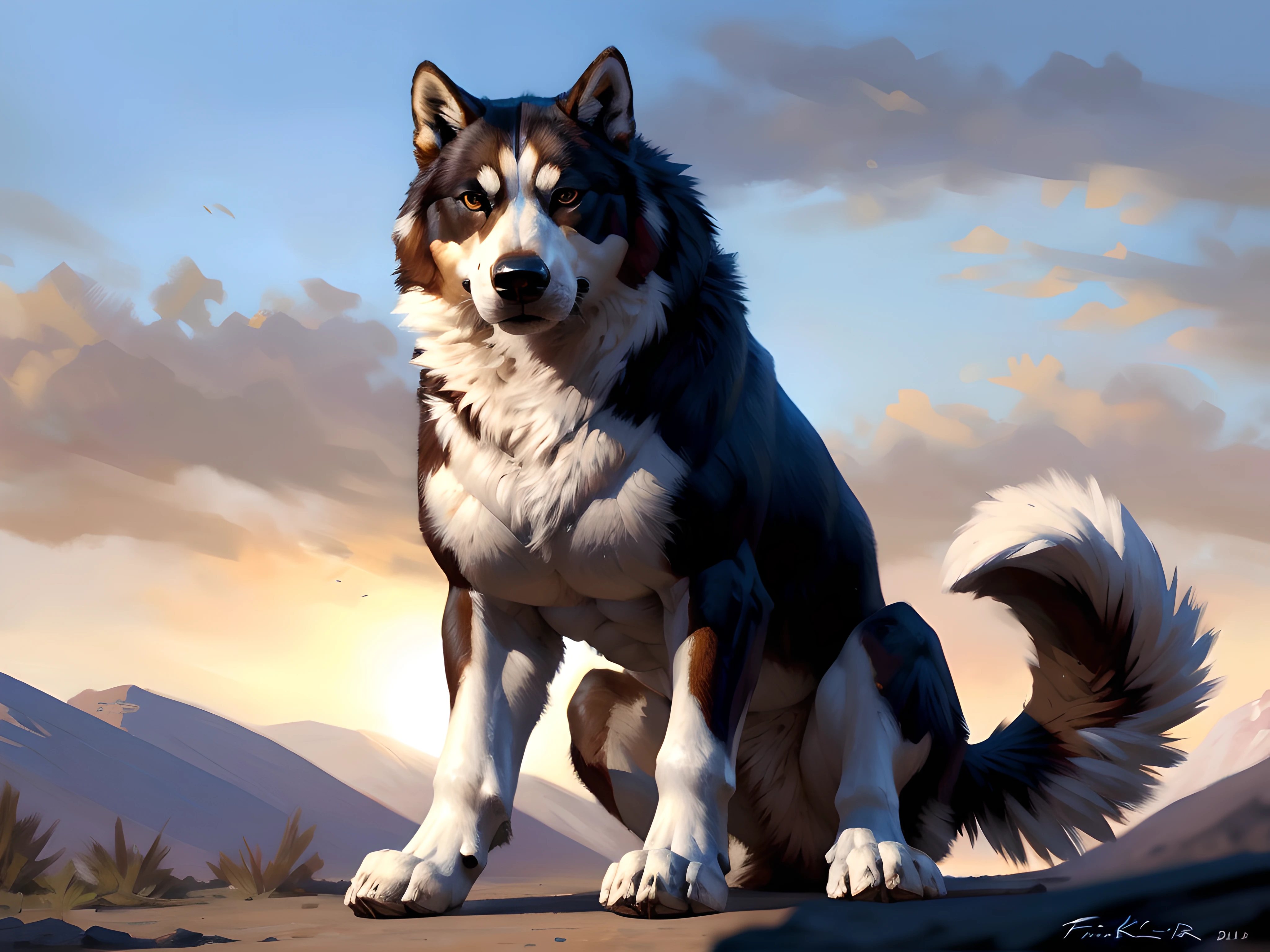 Painting of a dog sitting on a rock in the mountains - SeaArt AI