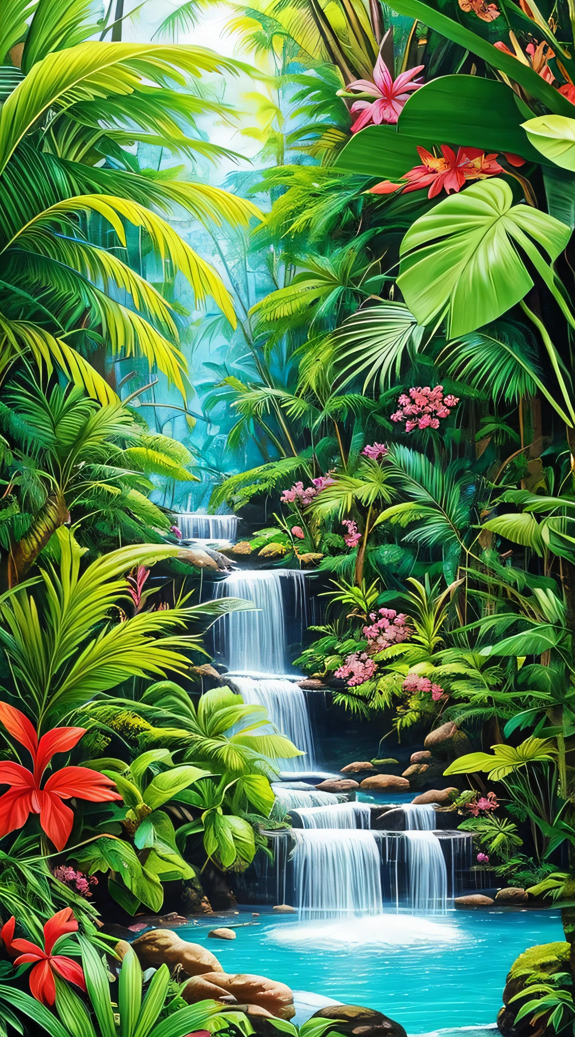 A painting of a waterfall surrounded by tropical plants and flowers ...