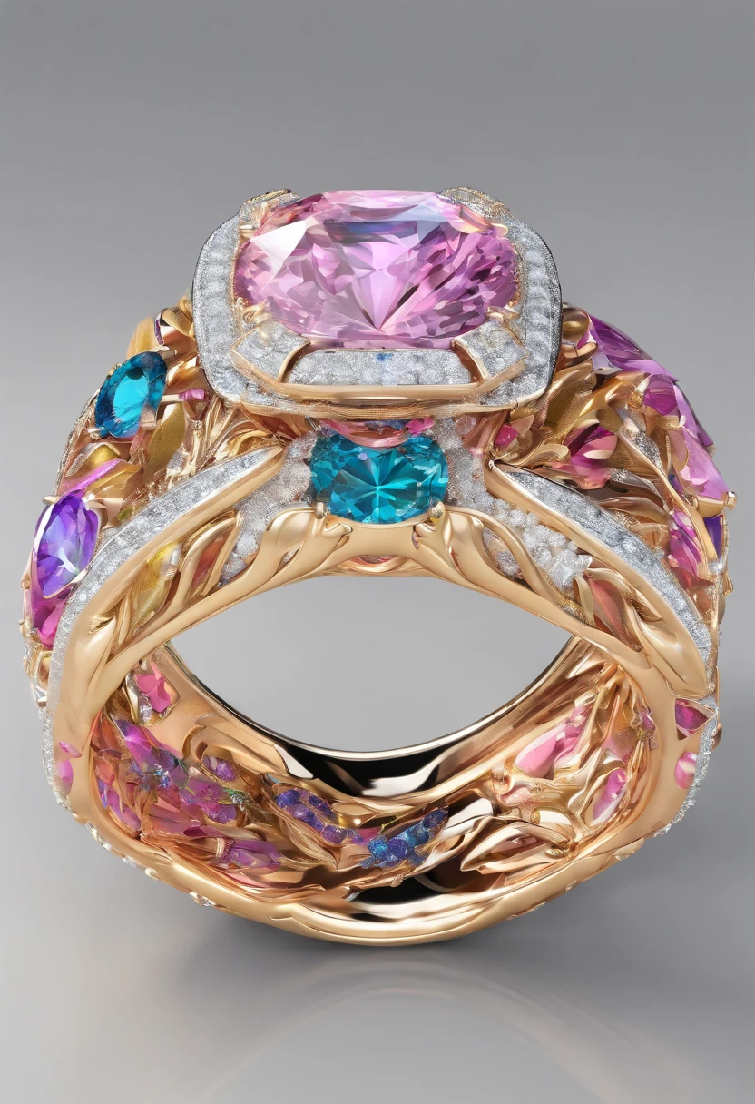 A close up of a pink and blue ring with a diamond - SeaArt AI