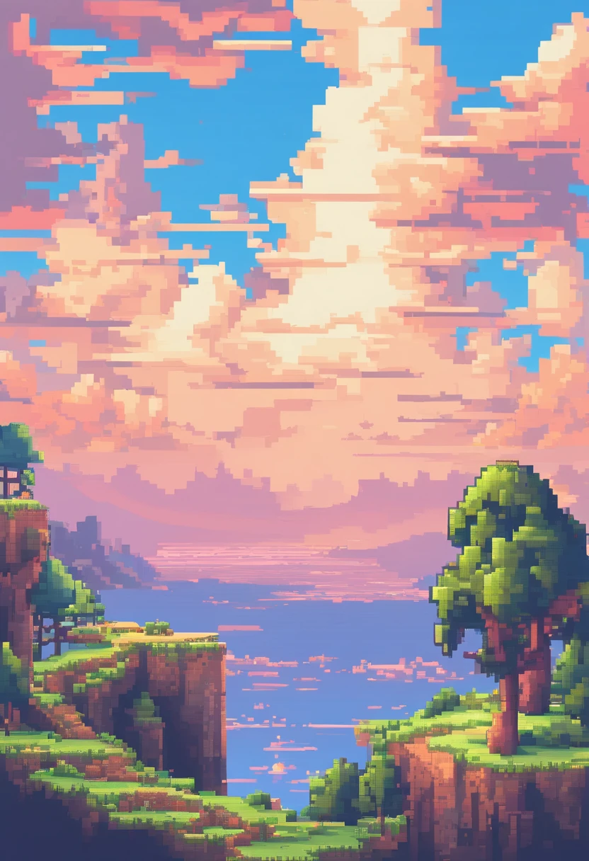 Pixel pixel landscape with a tree and a cliff - SeaArt AI