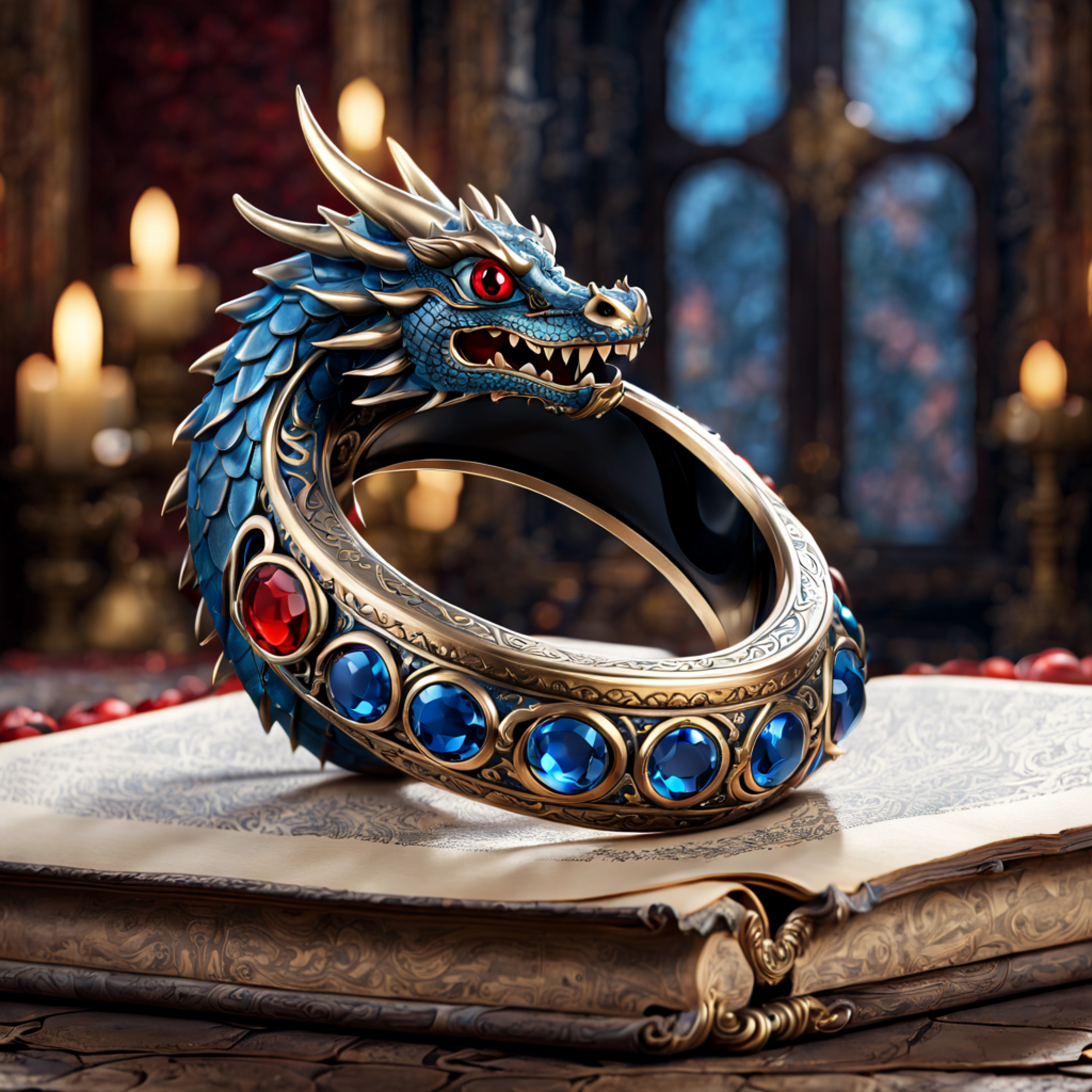 A close up of a ring with a dragon on top of a book - SeaArt AI