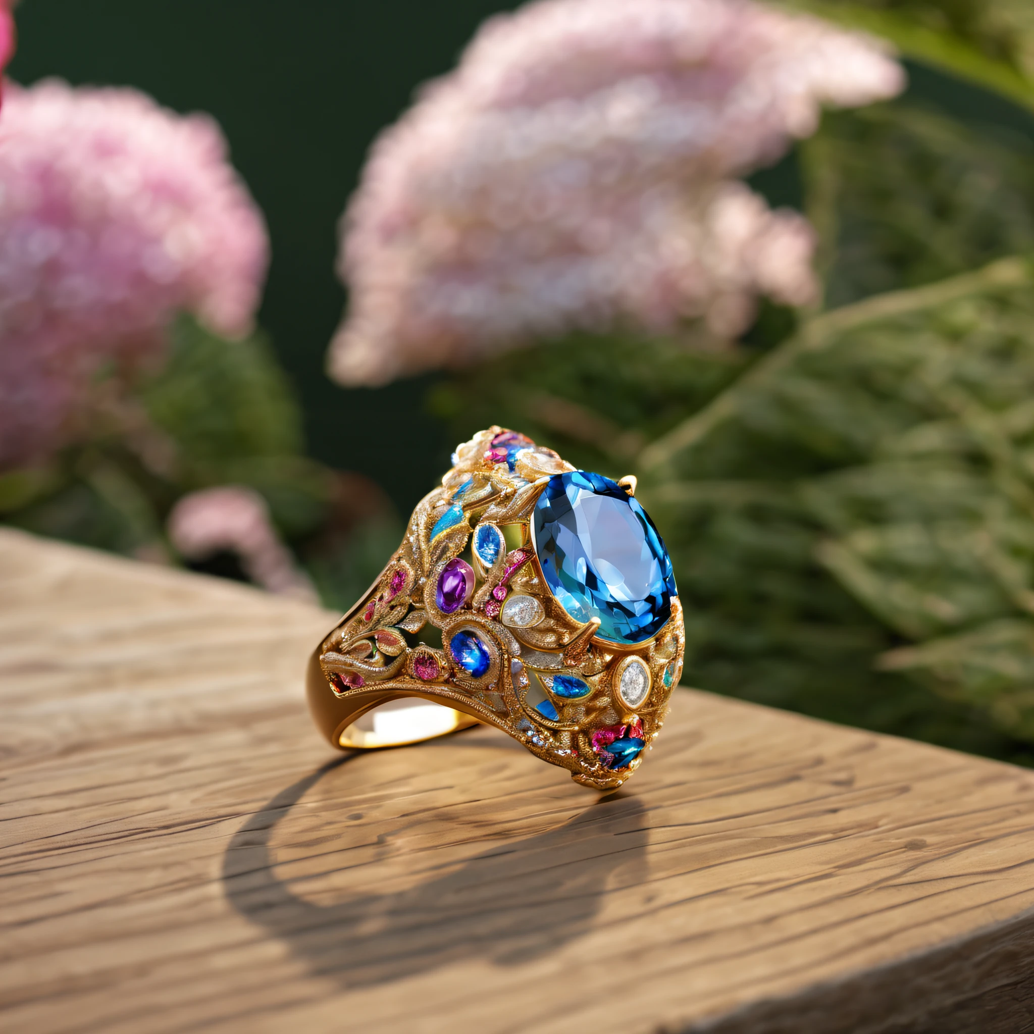 A close up of a ring with a blue stone surrounded by flowers - SeaArt AI