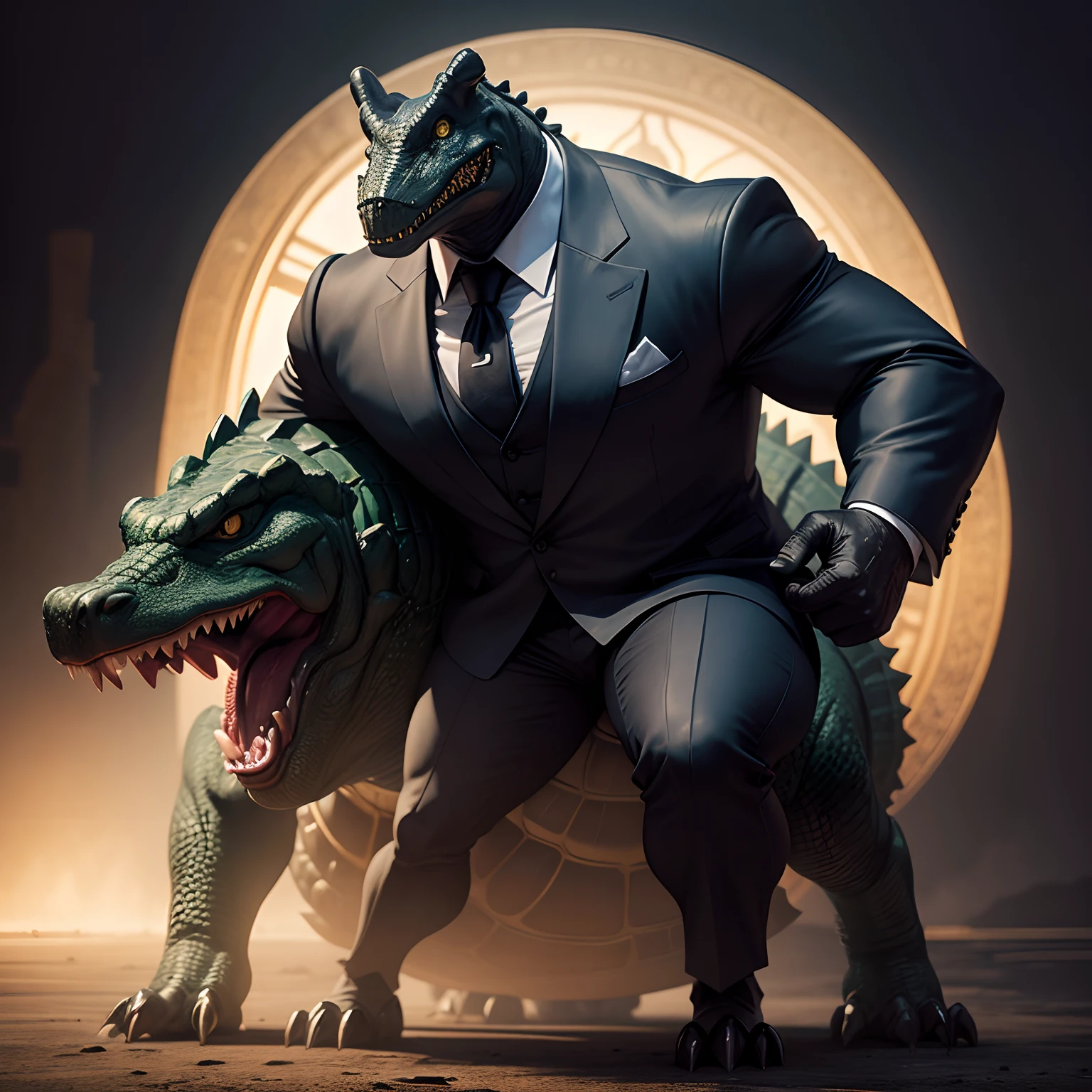 There is a man in a suit and tie riding a dinosaur - SeaArt AI