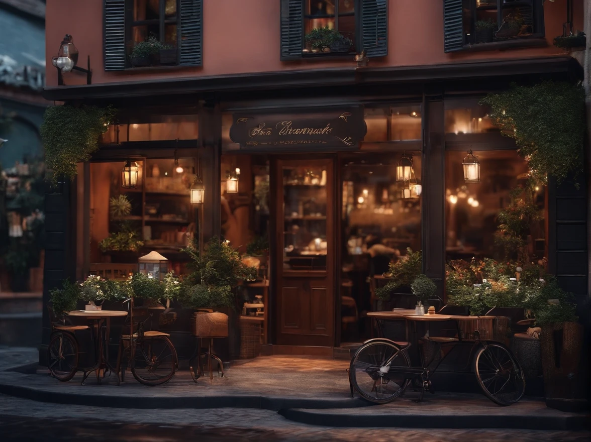 There is a bike parked outside of a restaurant with a bicycle parked in ...