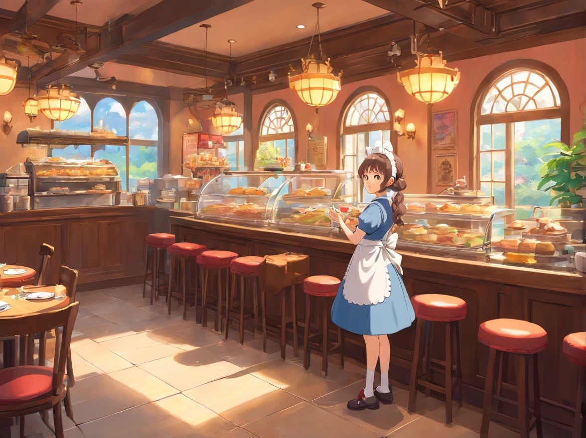 Anime girl in a restaurant with a counter full of pastries - SeaArt AI
