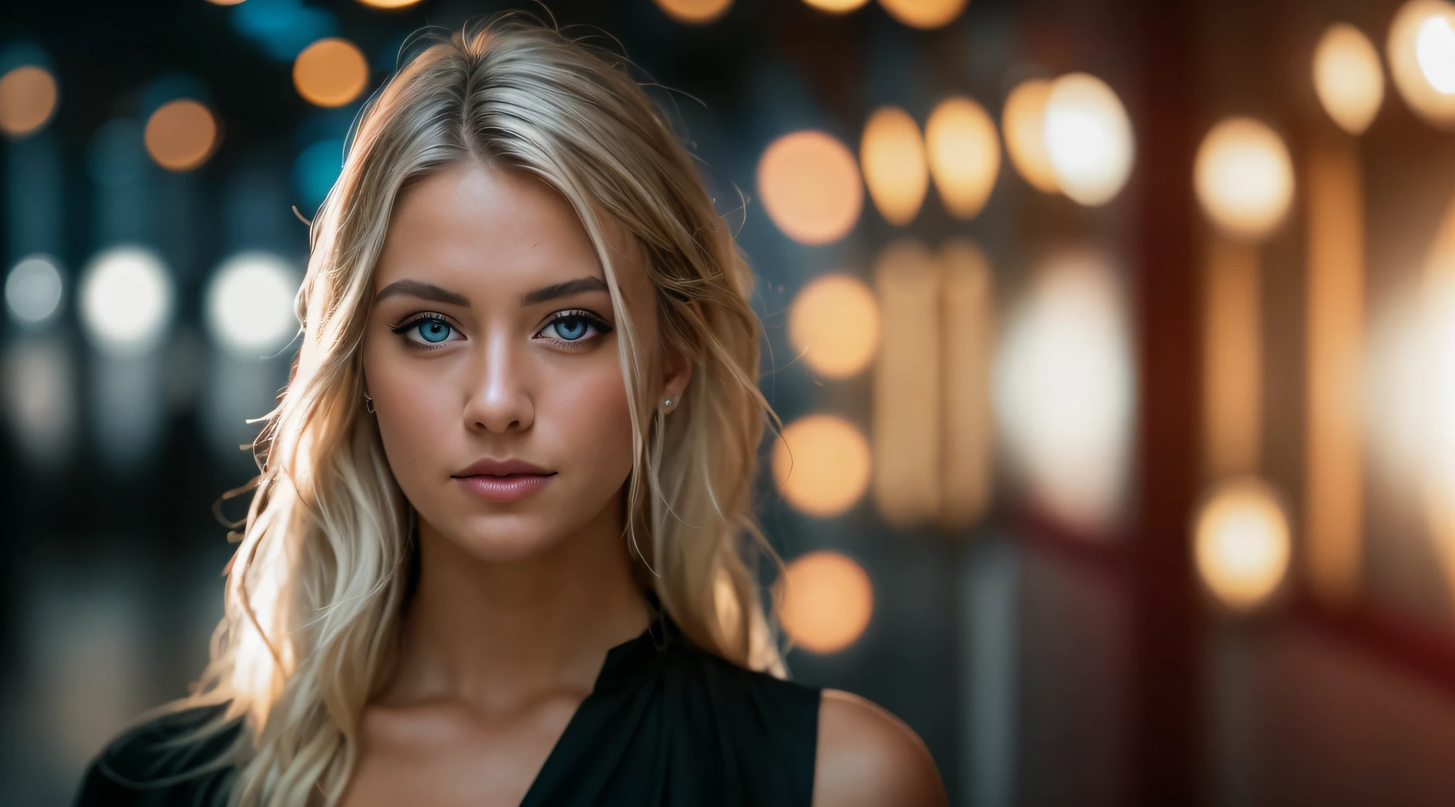 A close up of a woman with long blonde hair and blue eyes - SeaArt AI