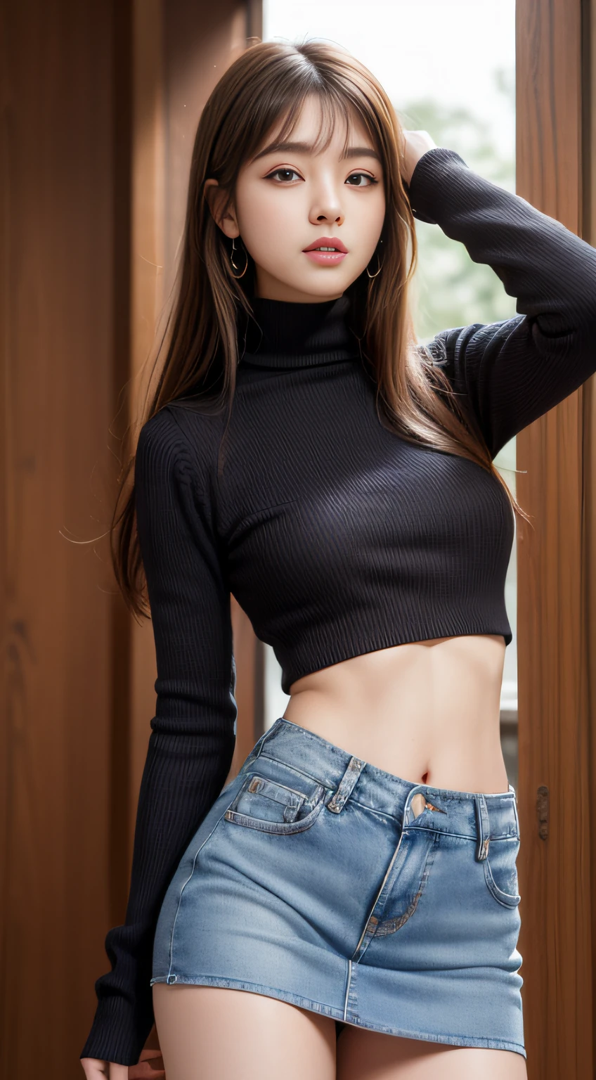 A woman in a black top and denim shorts posing for a picture - SeaArt AI