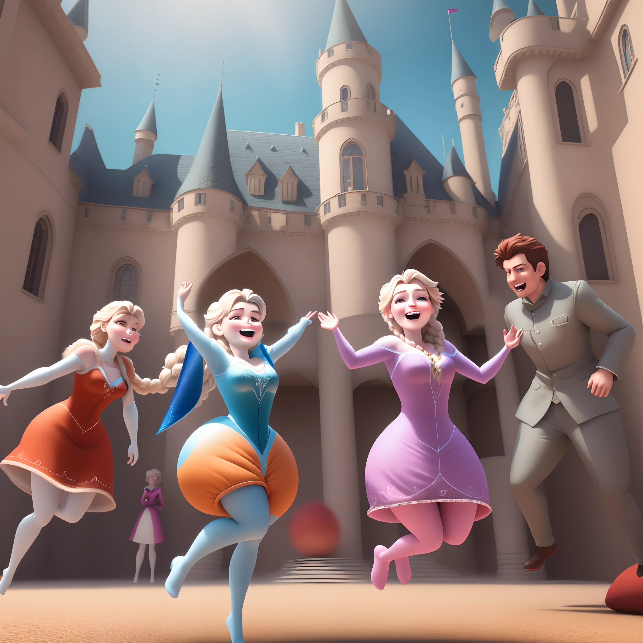 Disney's frozen princesses are jumping in front of a castle - SeaArt AI