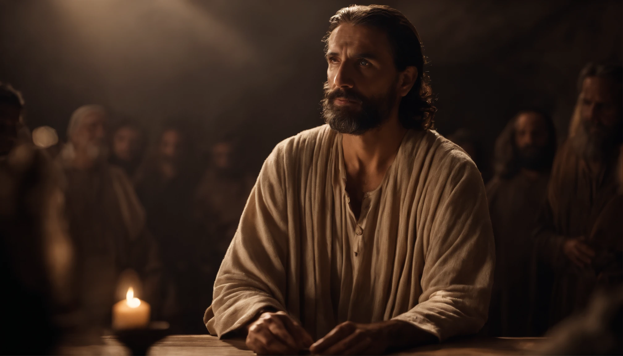 Jesus sitting at a table with candles in front of him - SeaArt AI