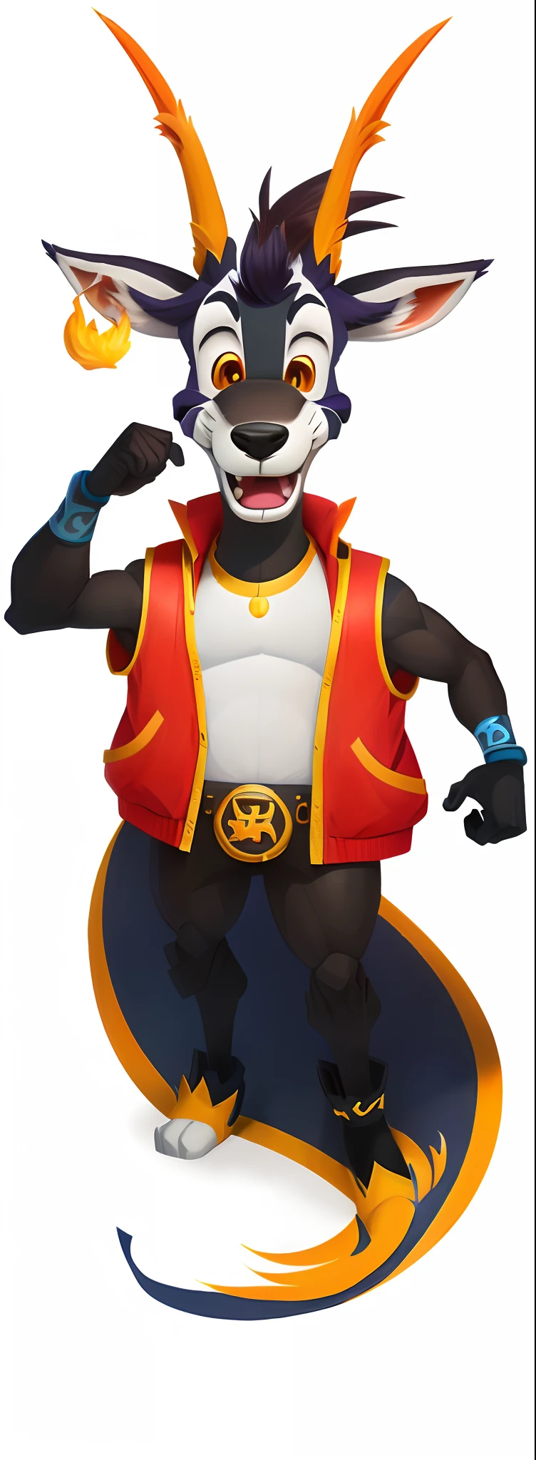 A close up of a cartoon goat with a red vest and a yellow vest - SeaArt AI