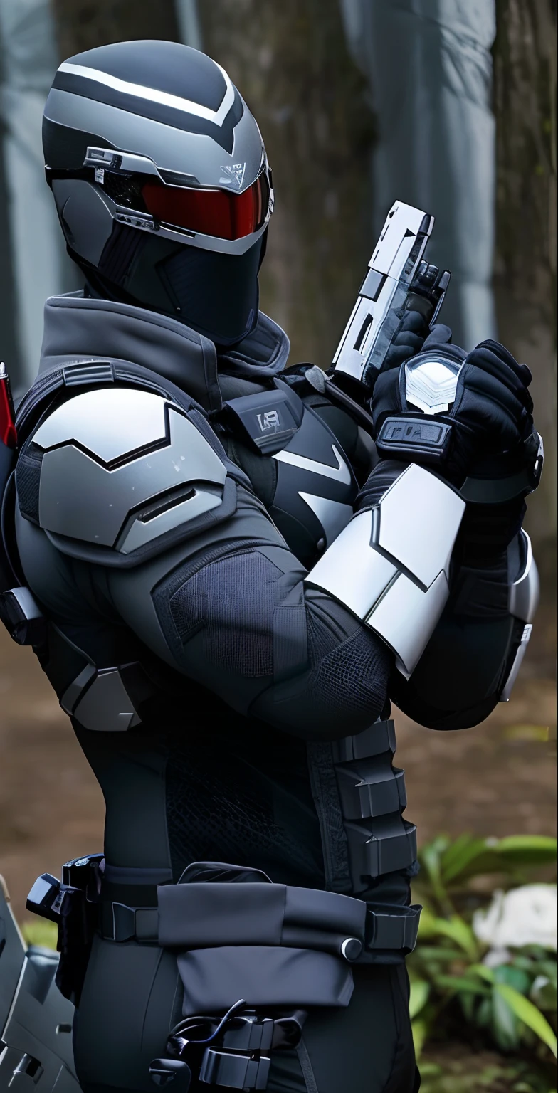 Arafed man in a full armor holding a gun in a forest - SeaArt AI