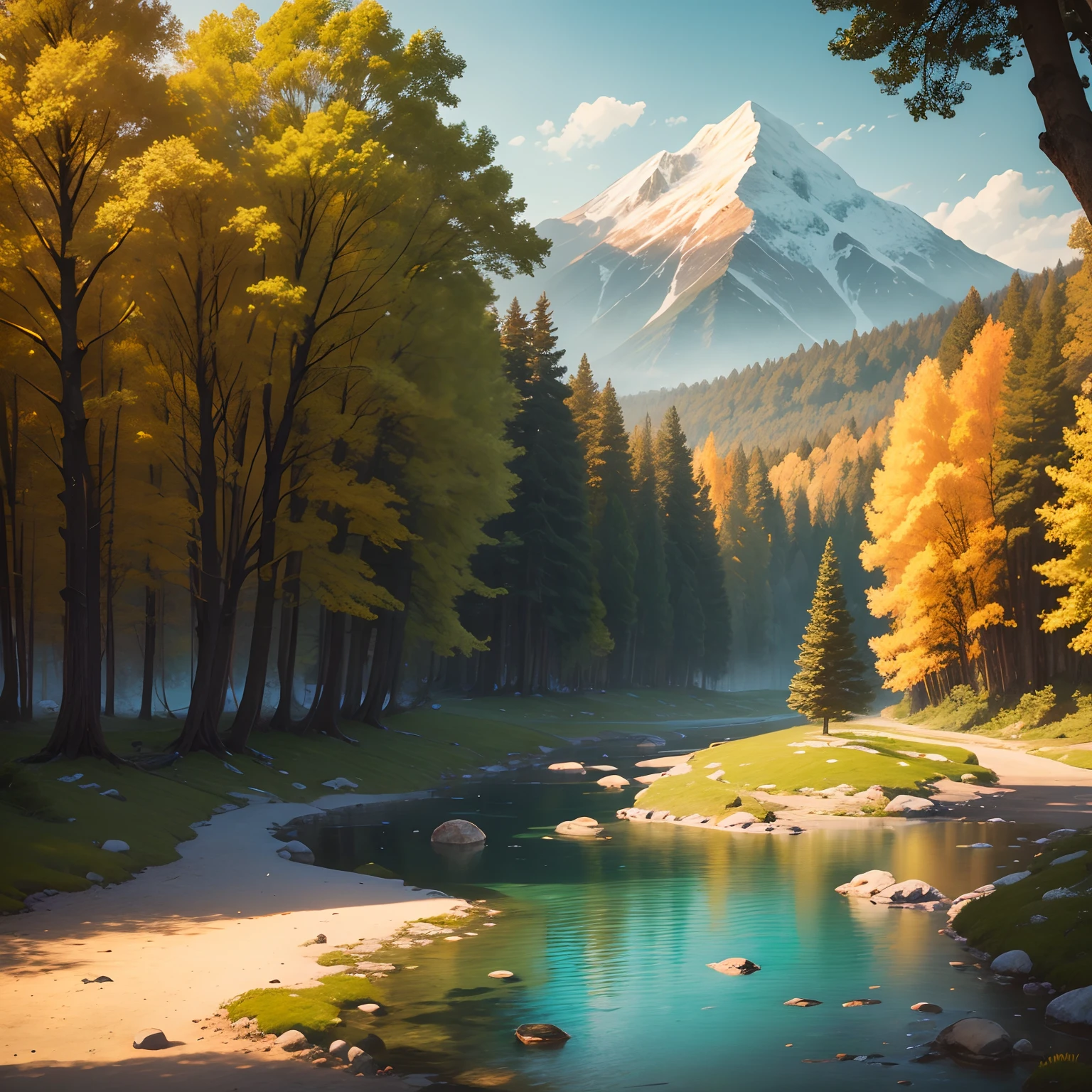 Painting of a mountain scene with a stream and trees - SeaArt AI