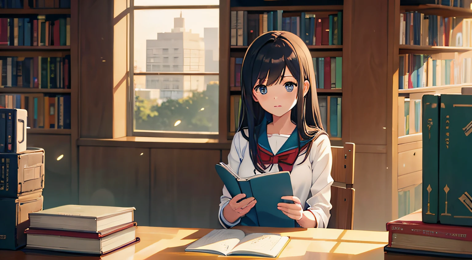 Anime girl reading a book in a library with a window - SeaArt AI