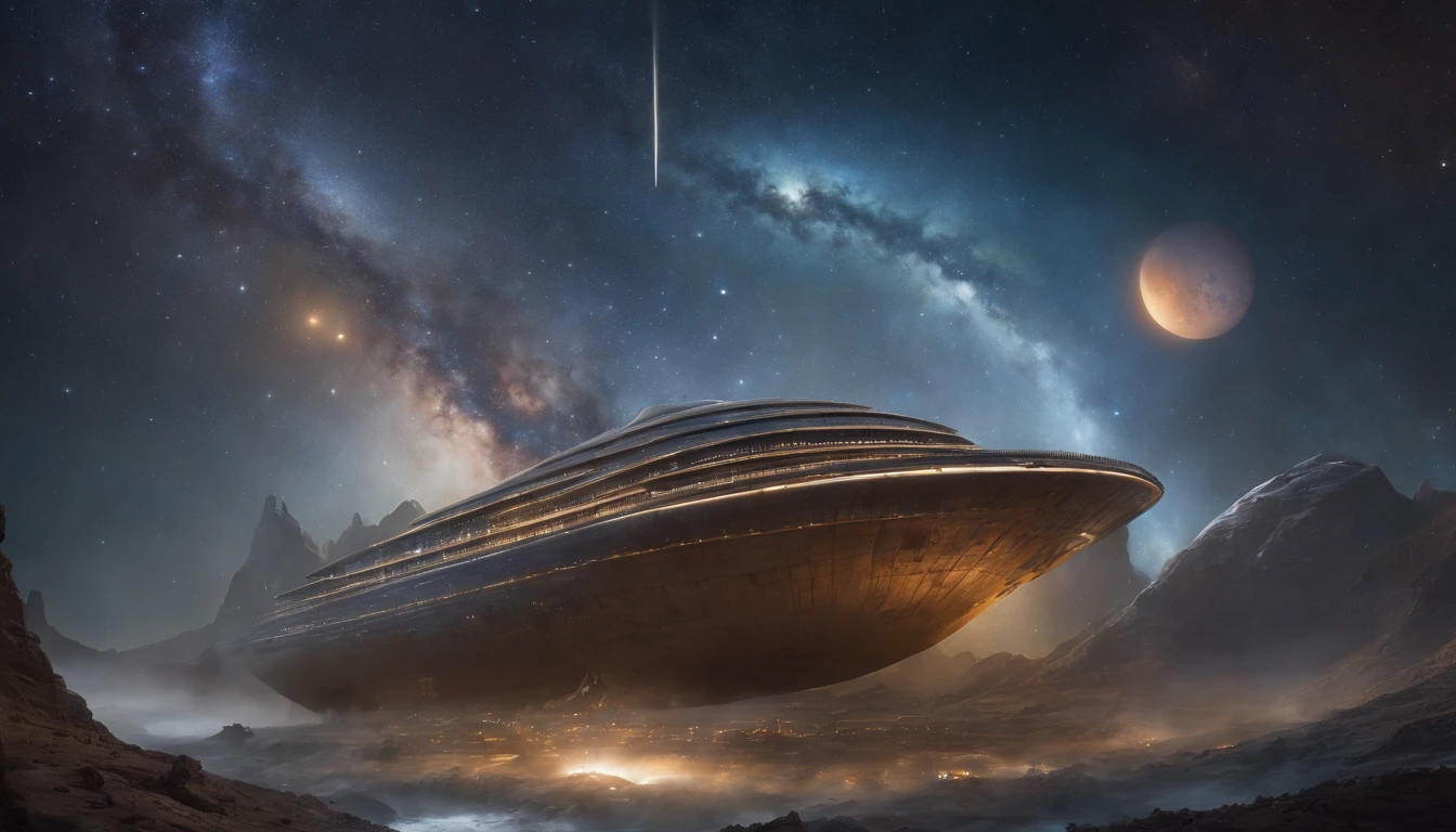 A spaceship flying over a mountain with a planet in the background - SeaArt AI