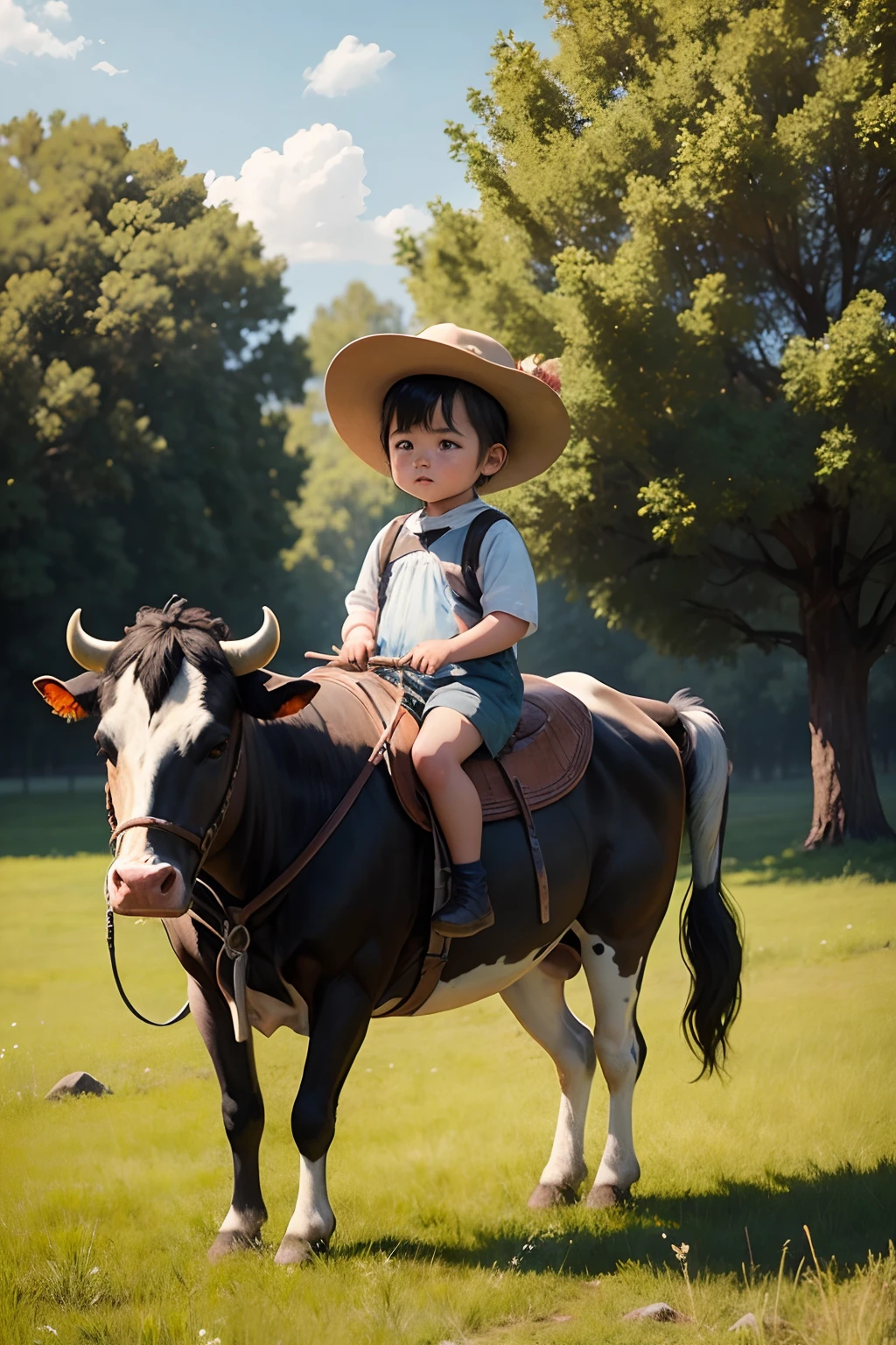 There is a young boy riding a cow in a field - SeaArt AI