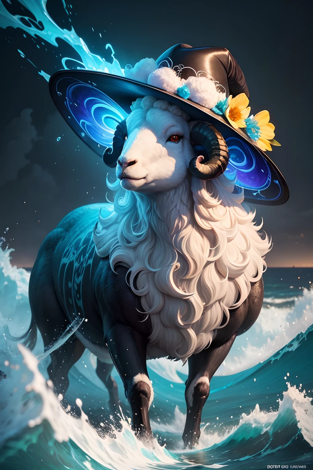 A close up of a sheep wearing a hat on a wave - SeaArt AI