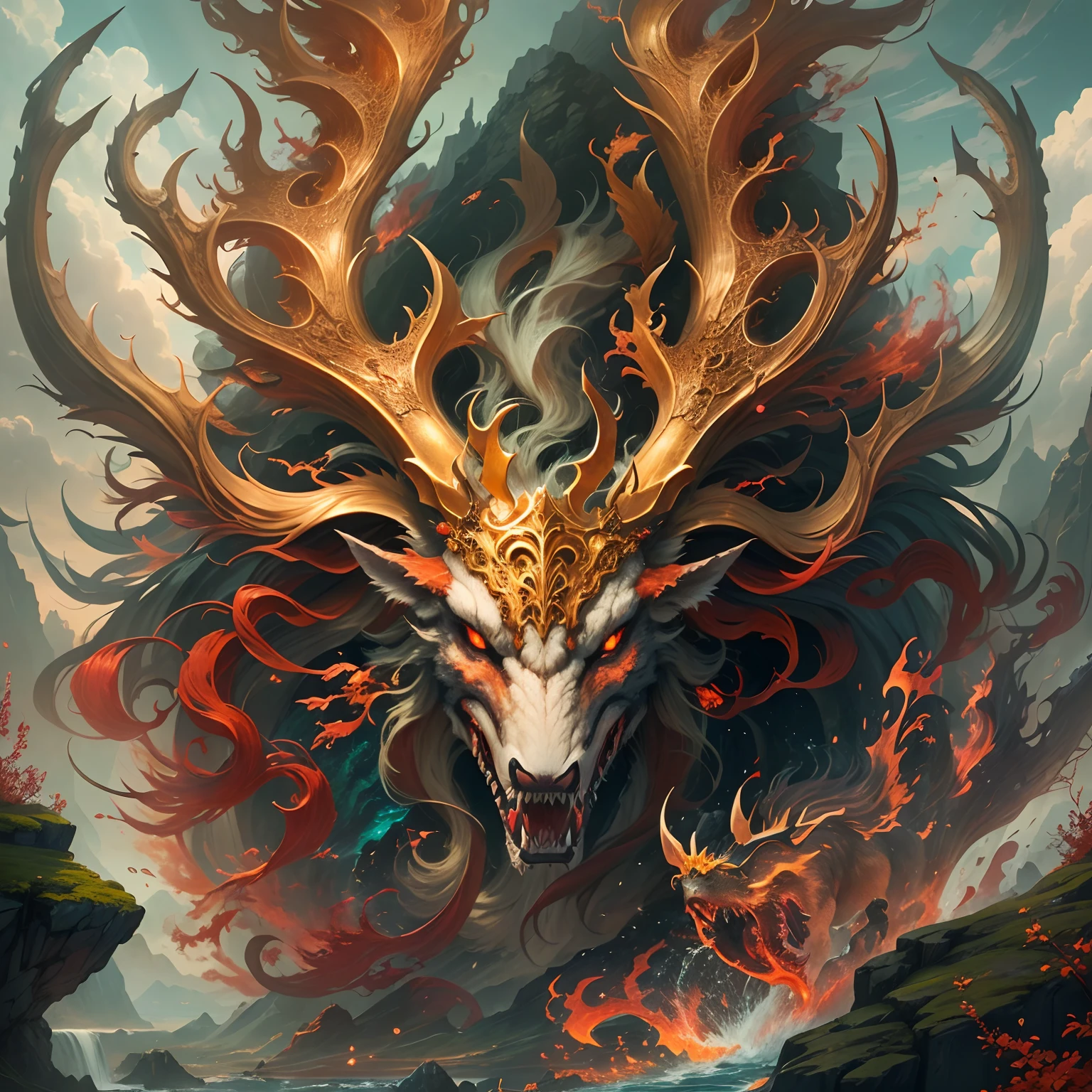 A painting of a dragon with horns and fire in its mouth - SeaArt AI