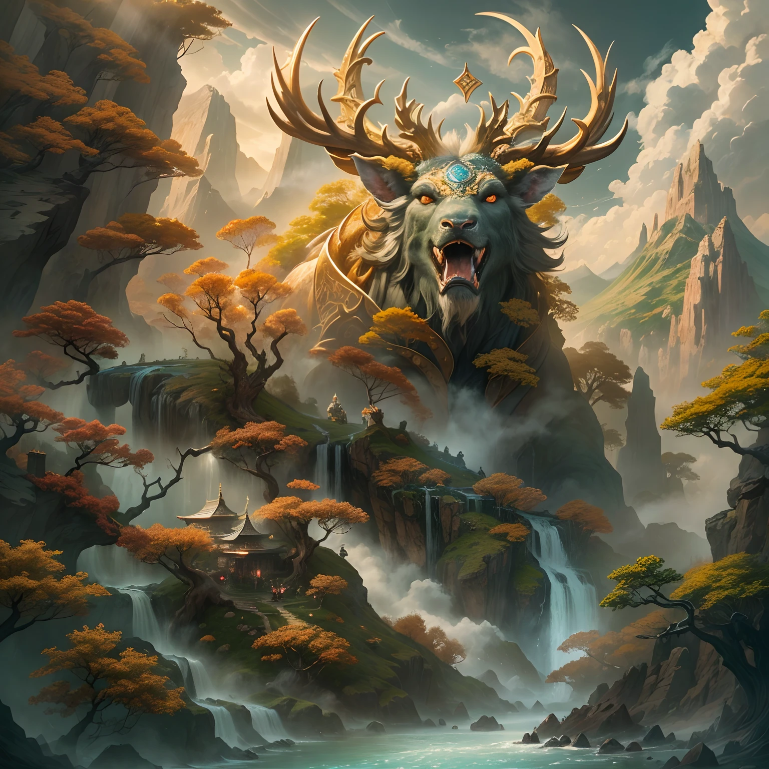 A painting of a deer with horns standing in front of a waterfall ...