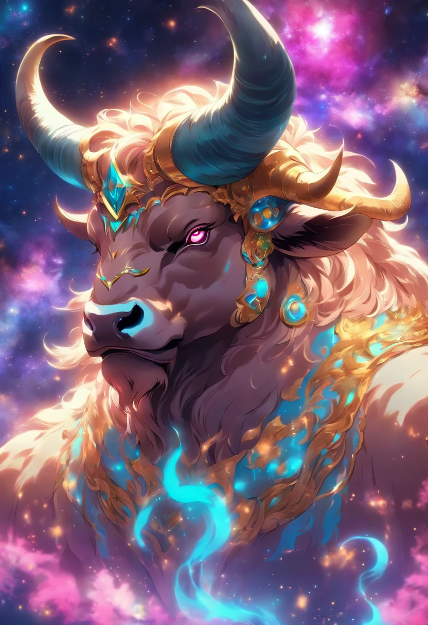 A bull with horns and a gold head in the sky - SeaArt AI