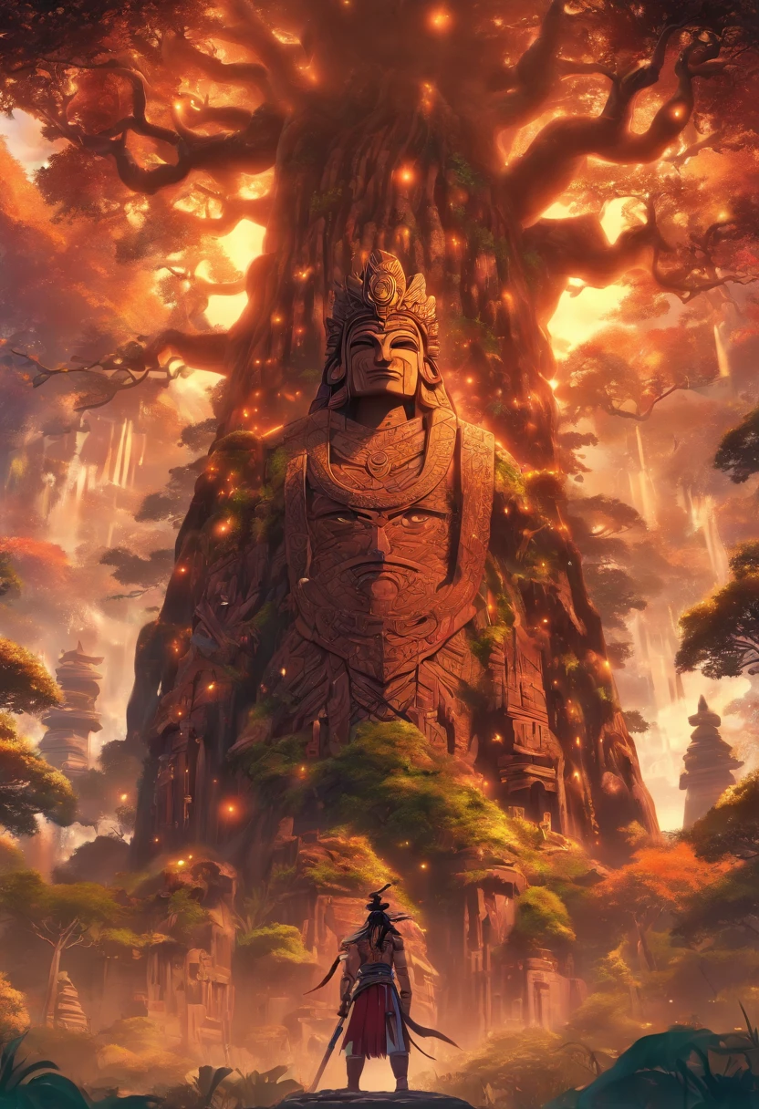 A man standing in front of a giant tree with a giant statue in the ...