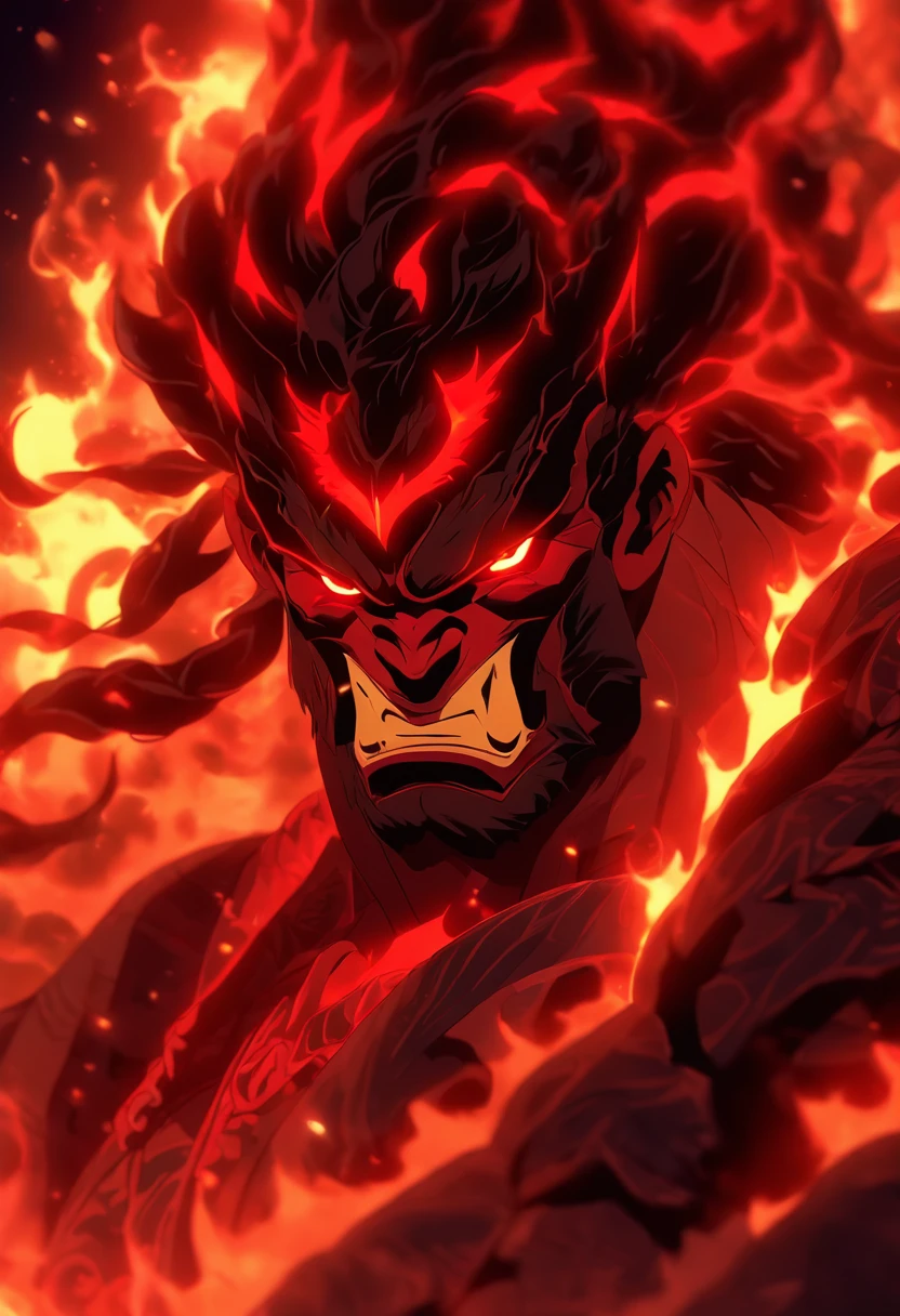 A close up of a demonic looking demon with red flames - SeaArt AI