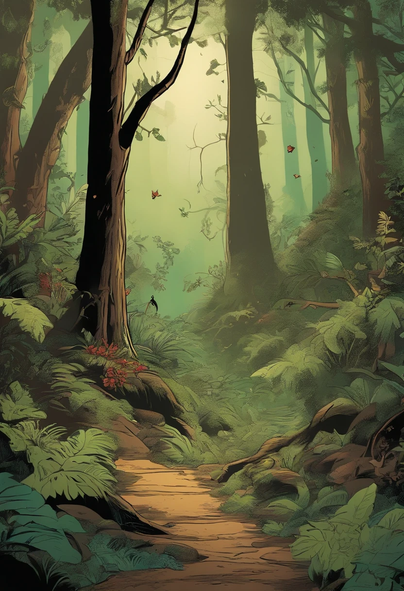 A cartoon picture of a path in a forest with trees - SeaArt AI