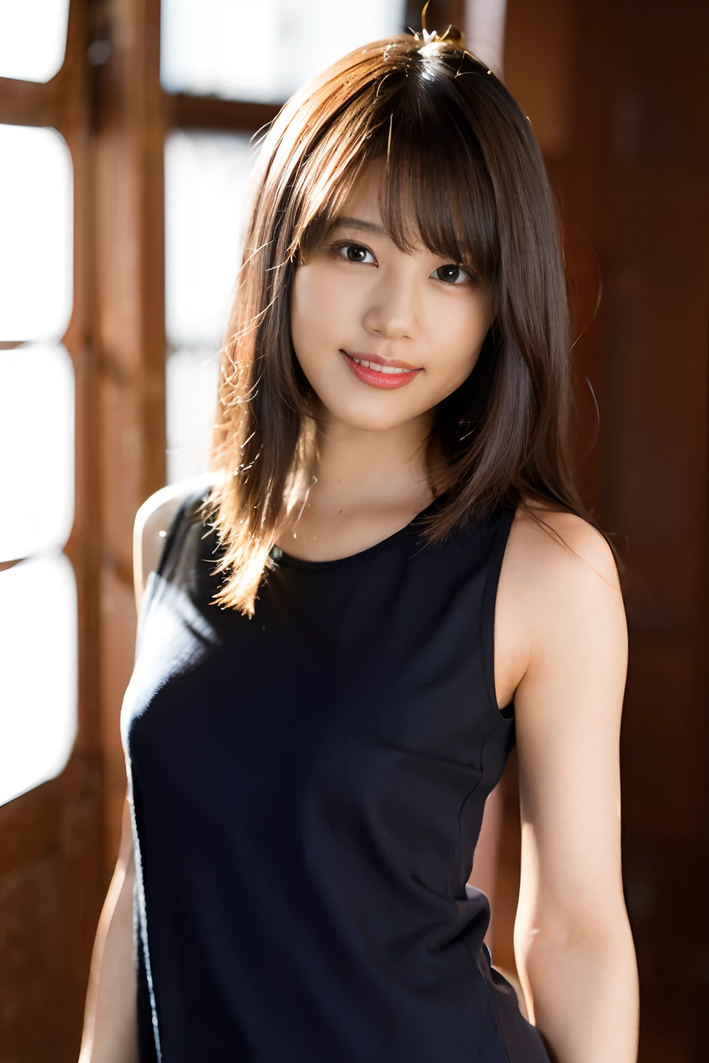 A close up of a woman in a black top posing for a picture - SeaArt AI