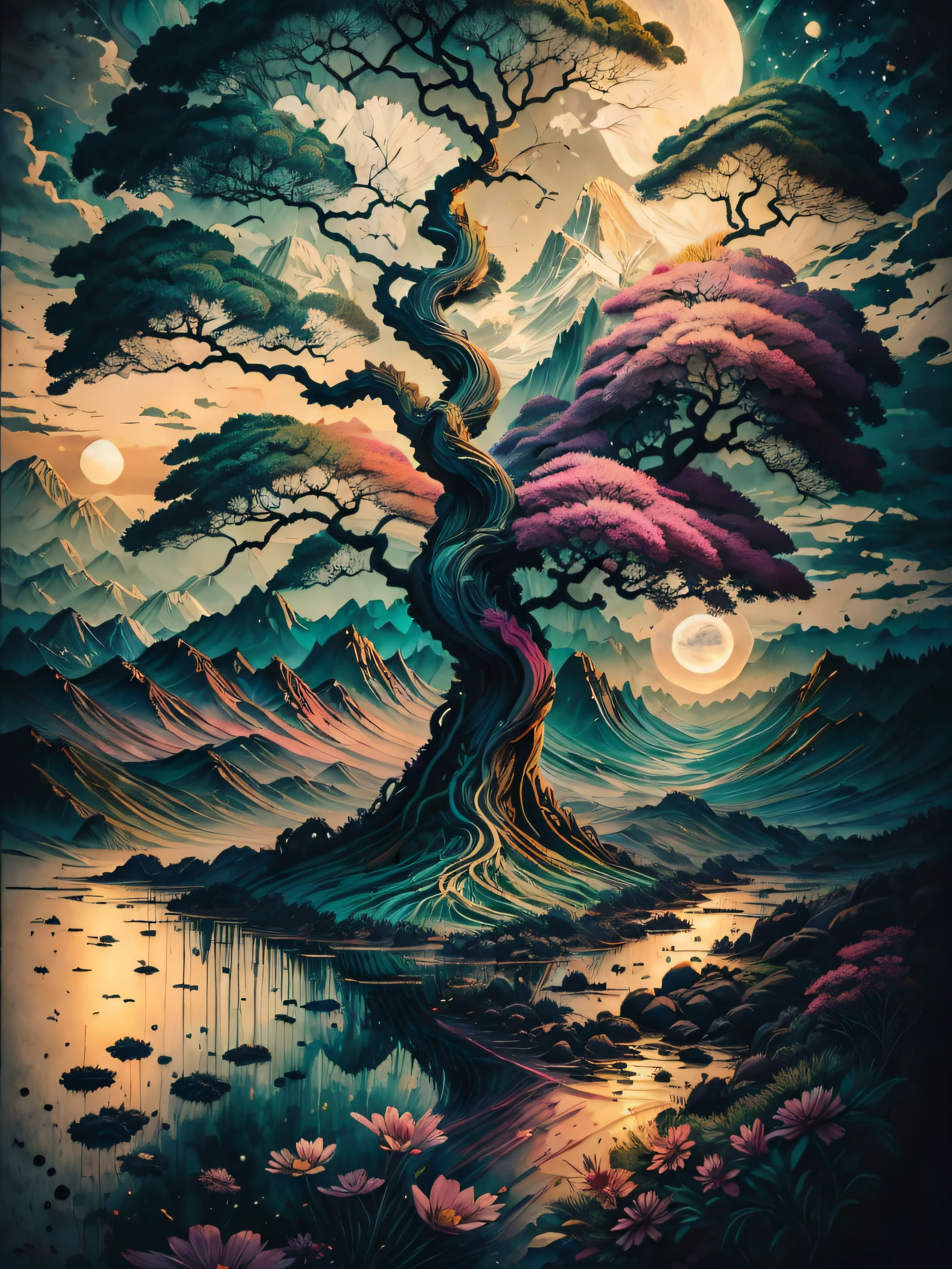 A painting of a tree with a moon in the background - SeaArt AI