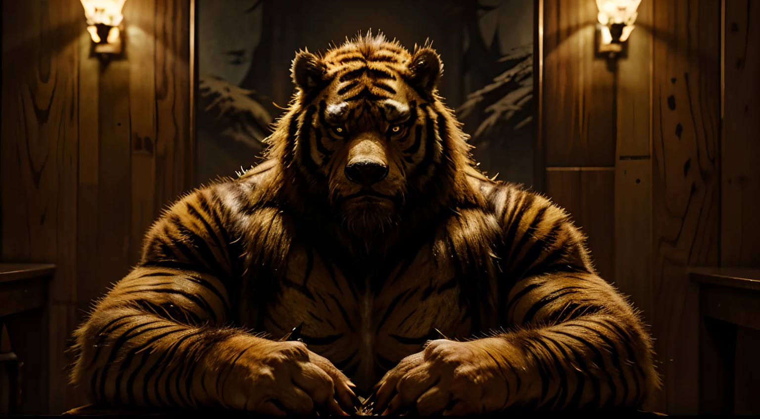 A close up of a tiger sitting at a table with a knife and fork - SeaArt AI